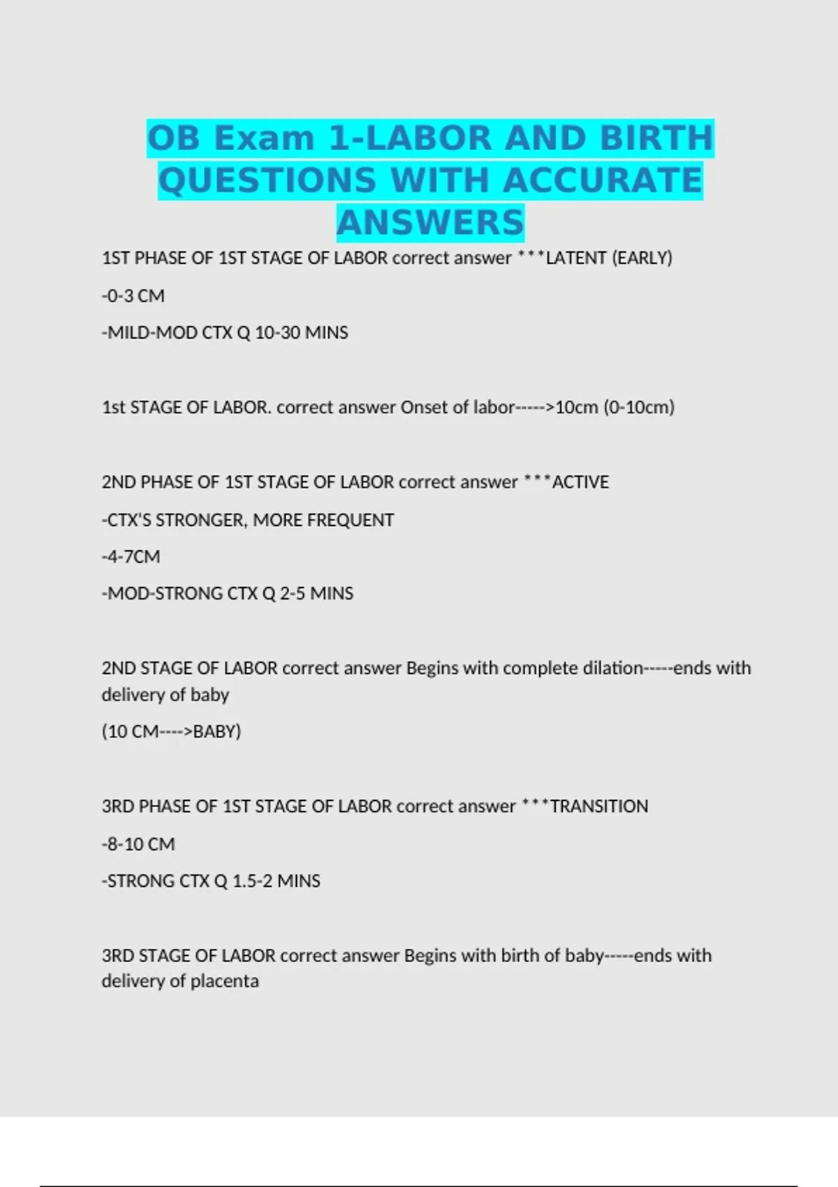 OB Exam 1-LABOR AND BIRTH QUESTIONS WITH ACCURATE ANSWERS - Ob - Stuvia US