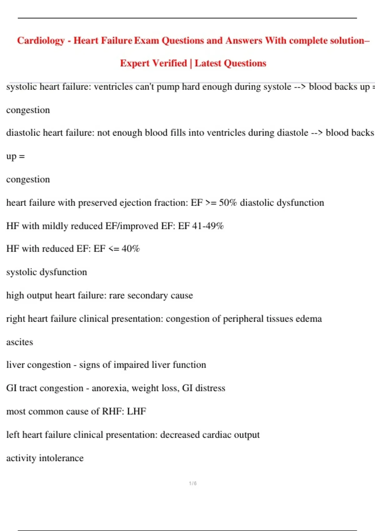 Cardiology - Heart Failure Exam Questions and Answers With complete ...