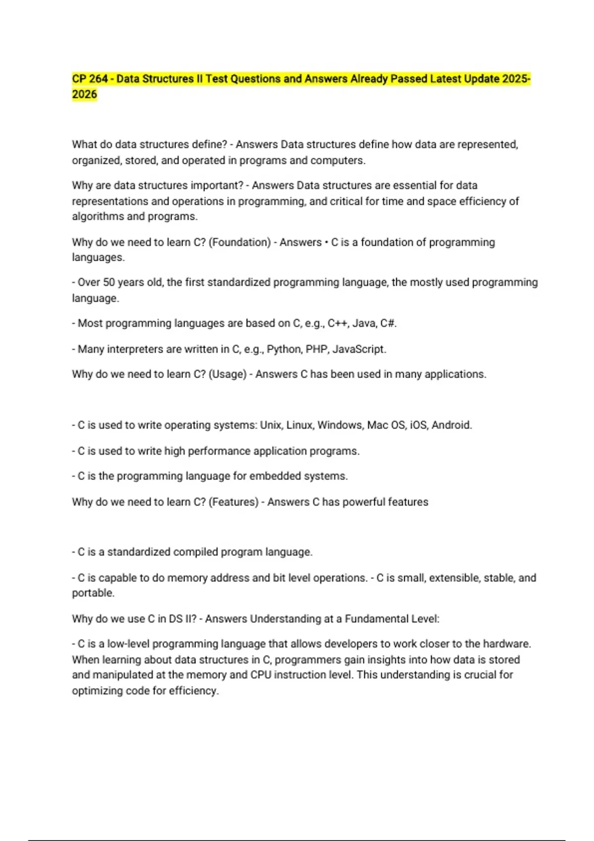 CP 264 - Data Structures II Test Questions and Answers Already Passed ...