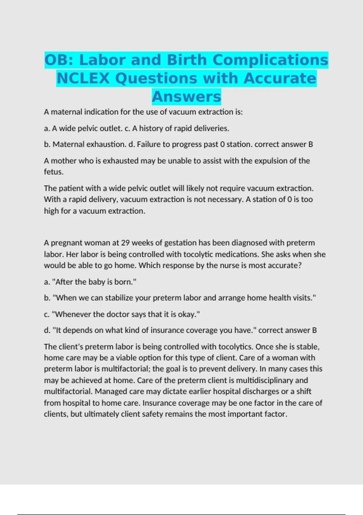 OB: Labor and Birth Complications NCLEX Questions with Accurate Answers ...
