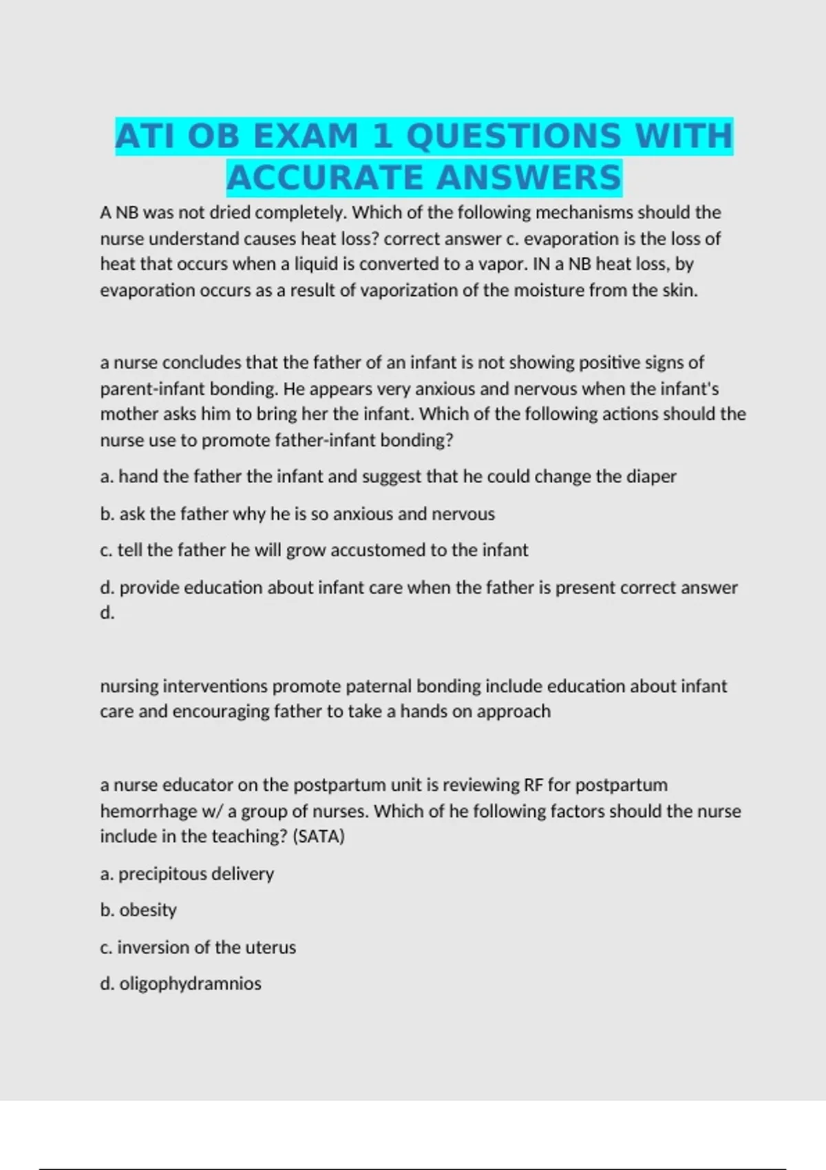 ATI OB EXAM 1 QUESTIONS WITH ACCURATE ANSWERS - Ob - Stuvia US