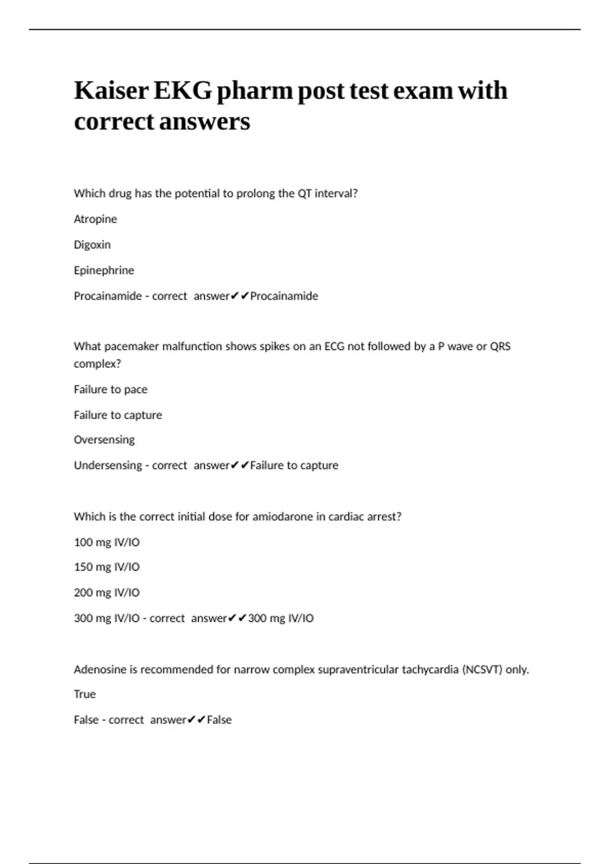 Kaiser EKG pharm post test exam with correct answers - Kaiser EKG ...