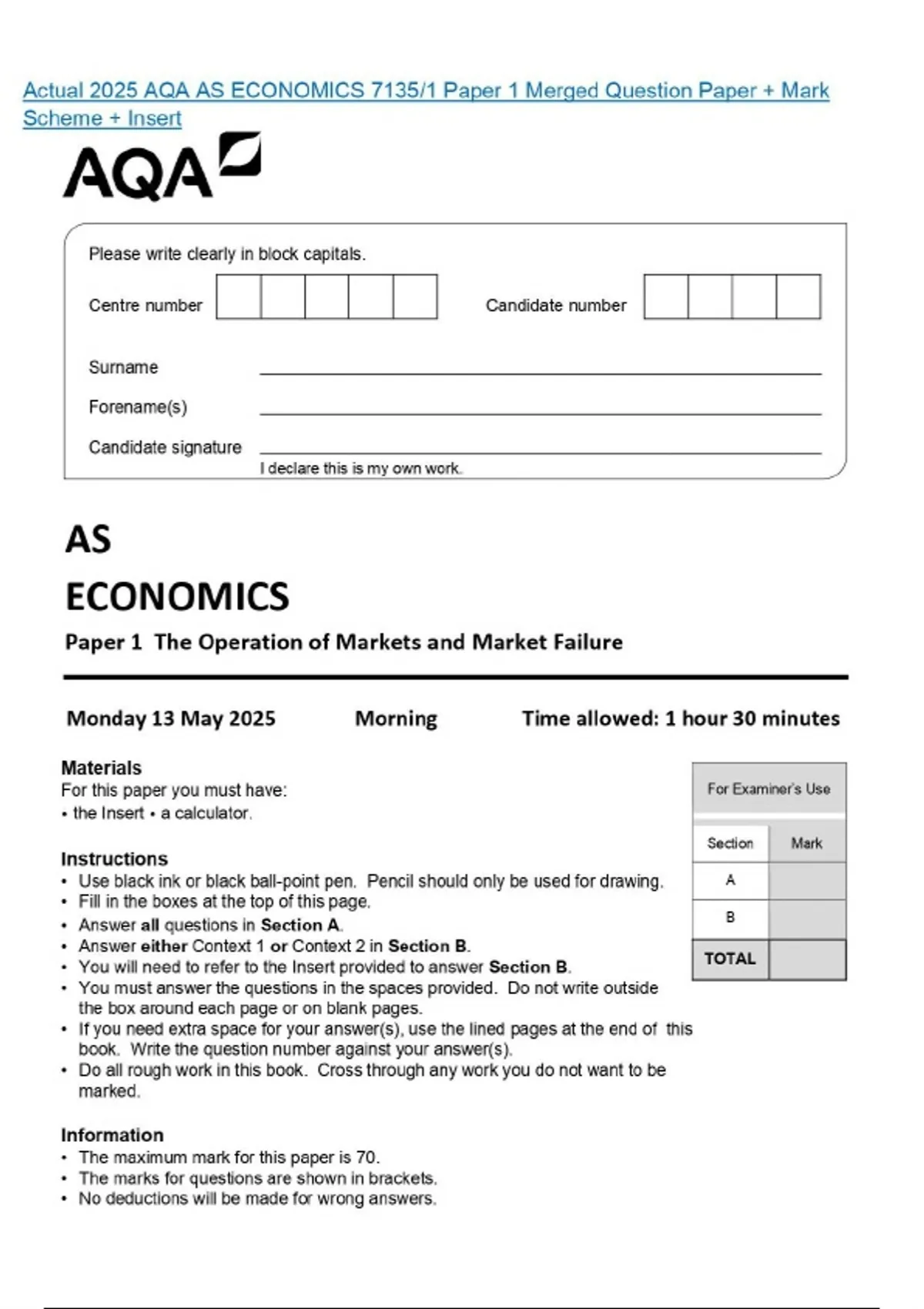 Actual 2025 AQA AS ECONOMICS 7135/1 Paper 1 Merged Question Paper ...
