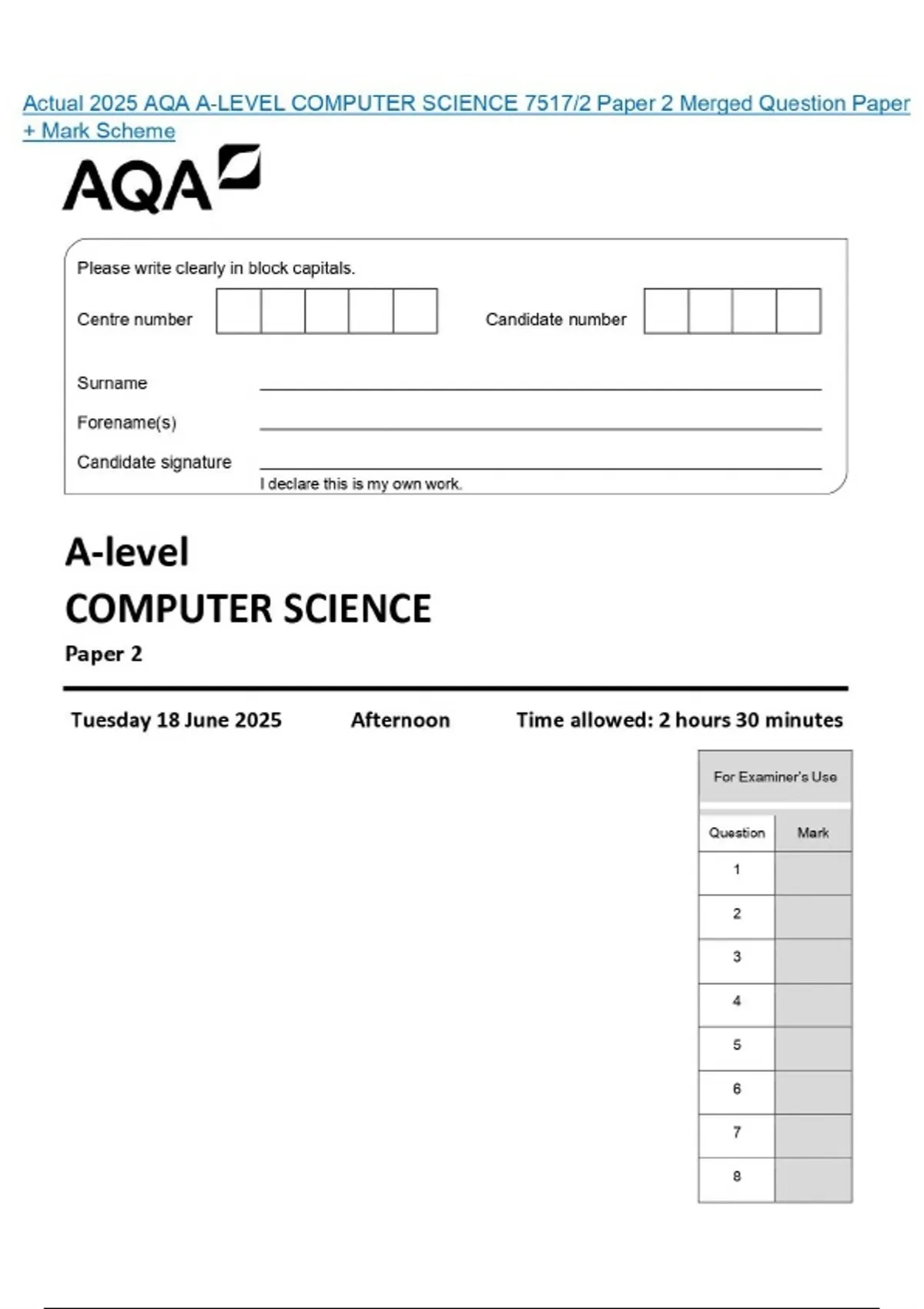 Actual 2025 AQA A-LEVEL COMPUTER SCIENCE 7517/2 Paper 2 Merged Question ...