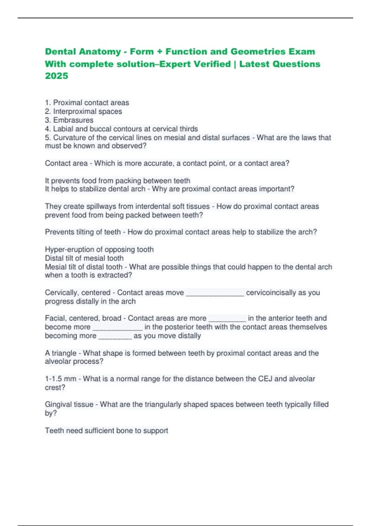 Dental Anatomy - Form + Function and Geometries Exam With complete ...