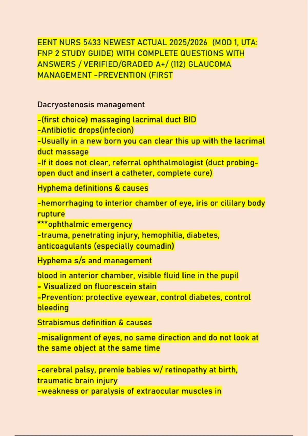 EENT NURS 5433 NEWEST ACTUAL 2025/2026 (MOD 1, UTA: FNP 2 STUDY GUIDE ...
