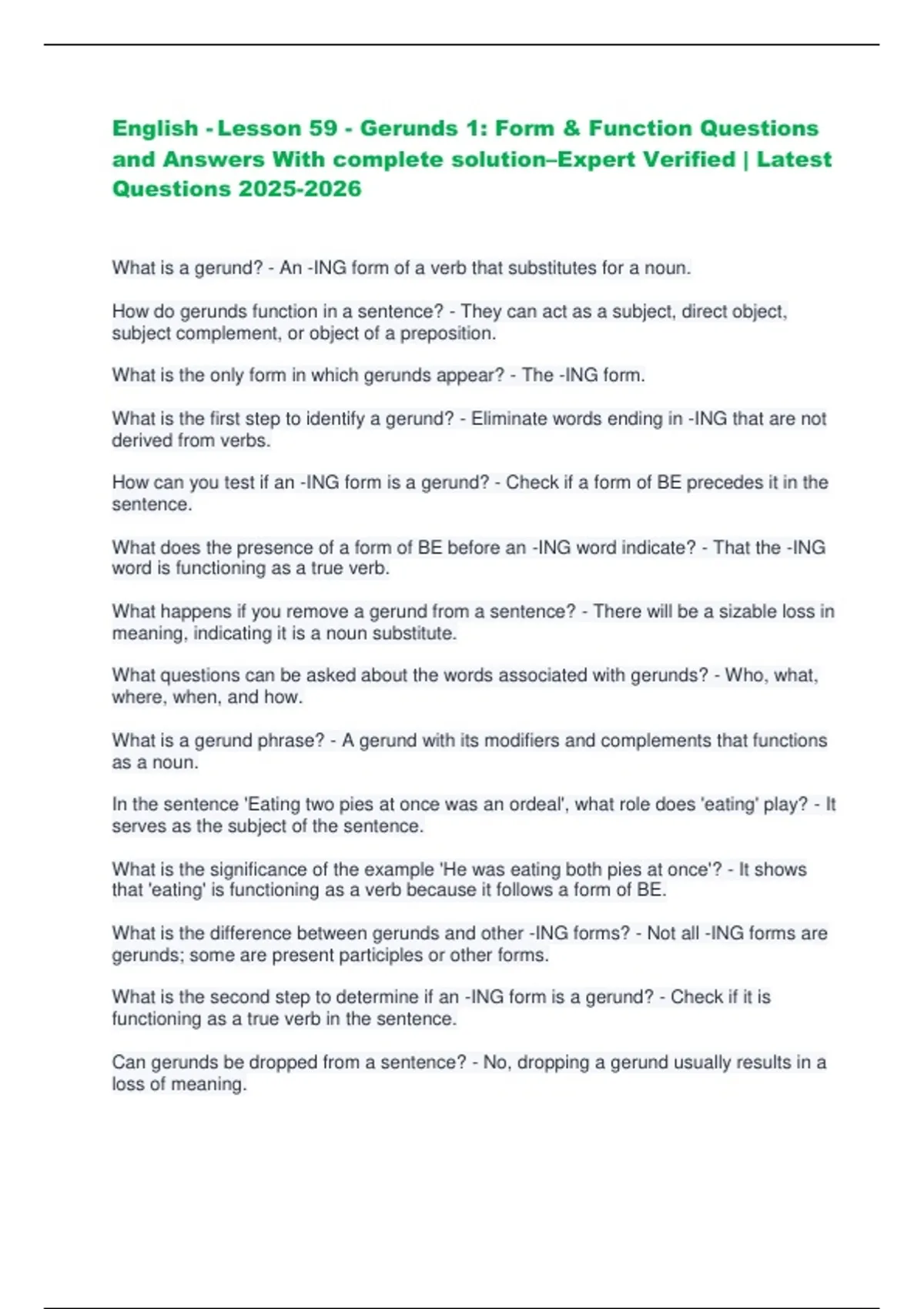 English - Lesson 59 - Gerunds 1: Form & Function Questions and Answers With complete solution ...