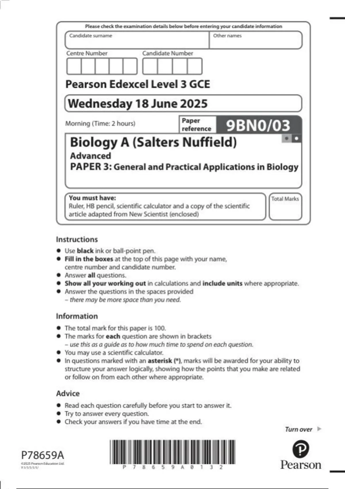 Pearson Edexcel level 3 GCE 9BNO/03 Biology A (Salters Nuffield ...
