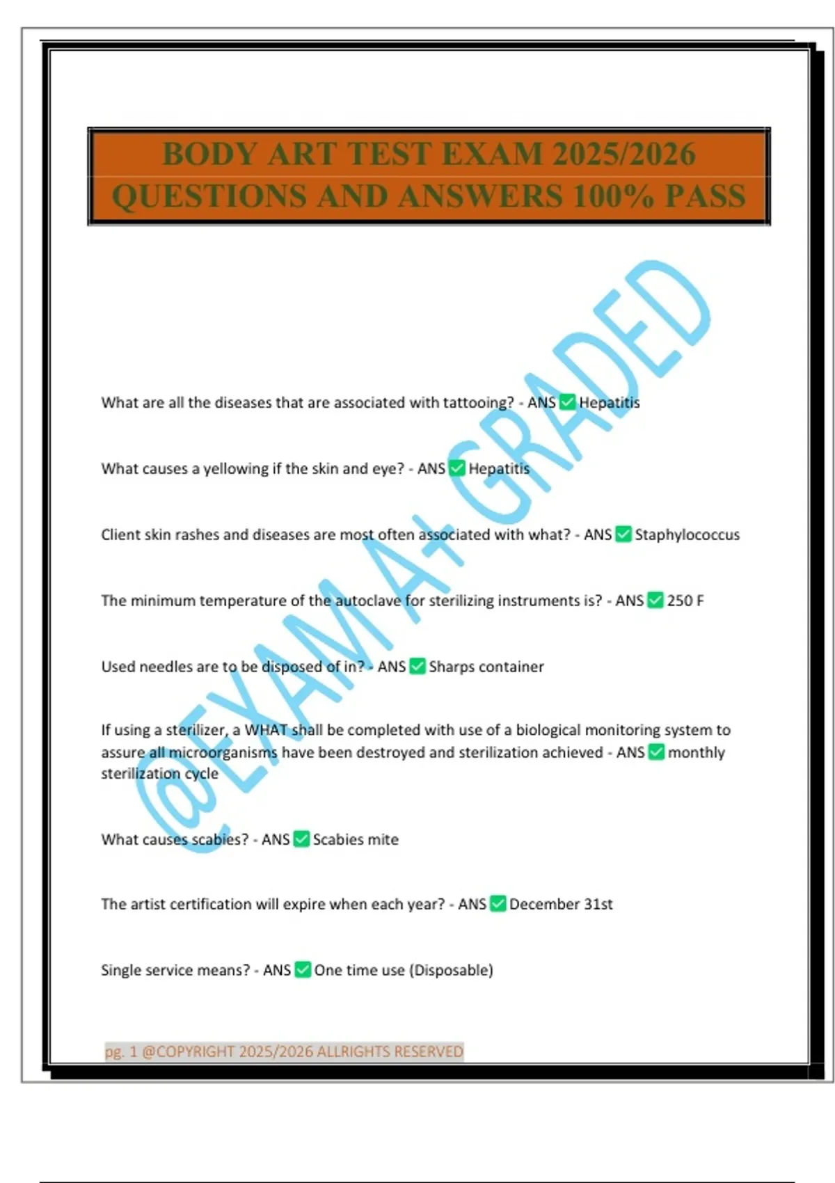 BODY ART TEST EXAM 2025/2026 QUESTIONS AND ANSWERS 100% PASS - BODY ART ...