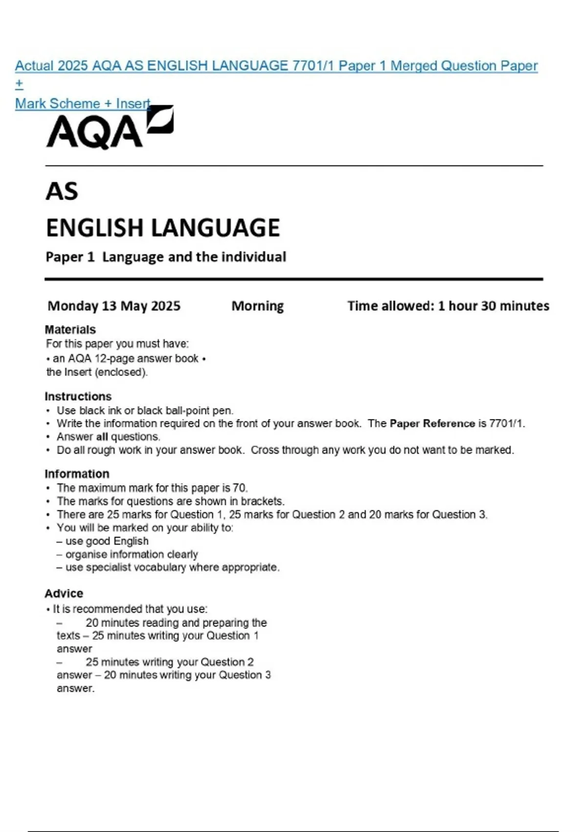 Actual 2025 AQA AS ENGLISH LANGUAGE 7701/1 Paper 1 Merged Question ...