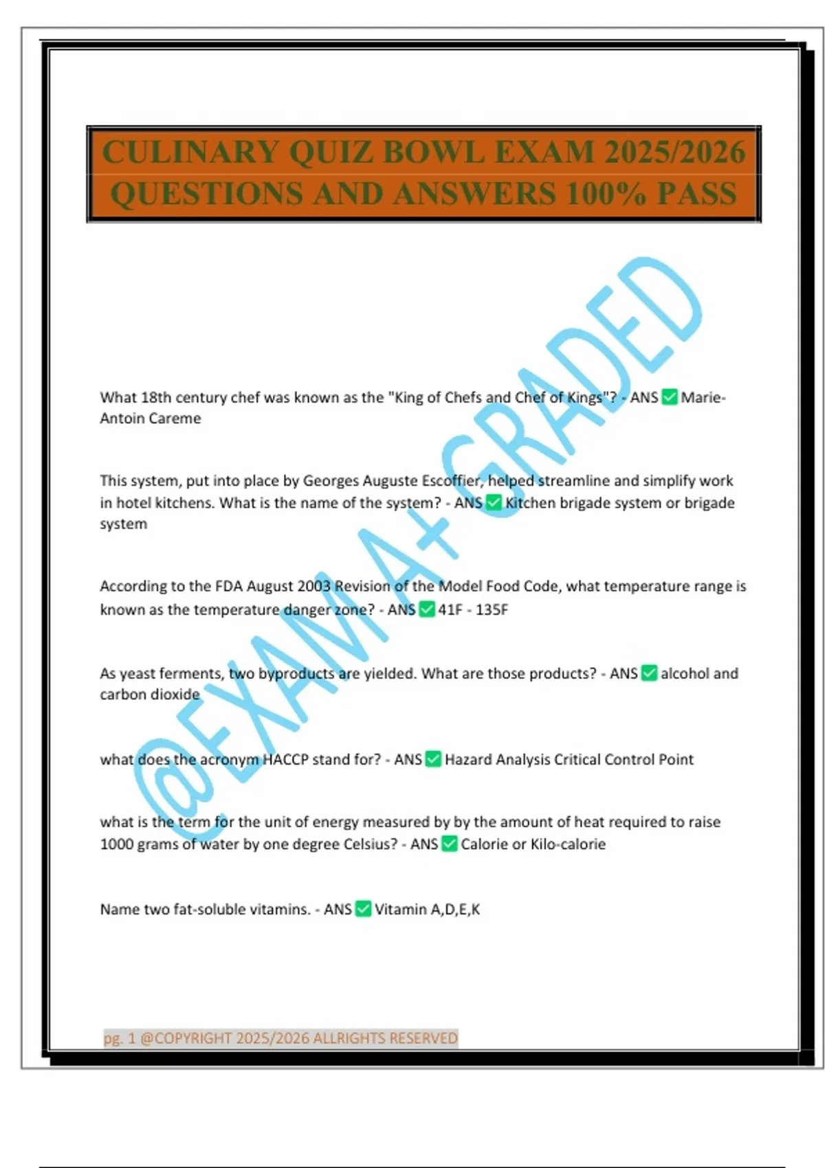 CULINARY QUIZ BOWL EXAM 2025/2026 QUESTIONS AND ANSWERS 100% PASS ...