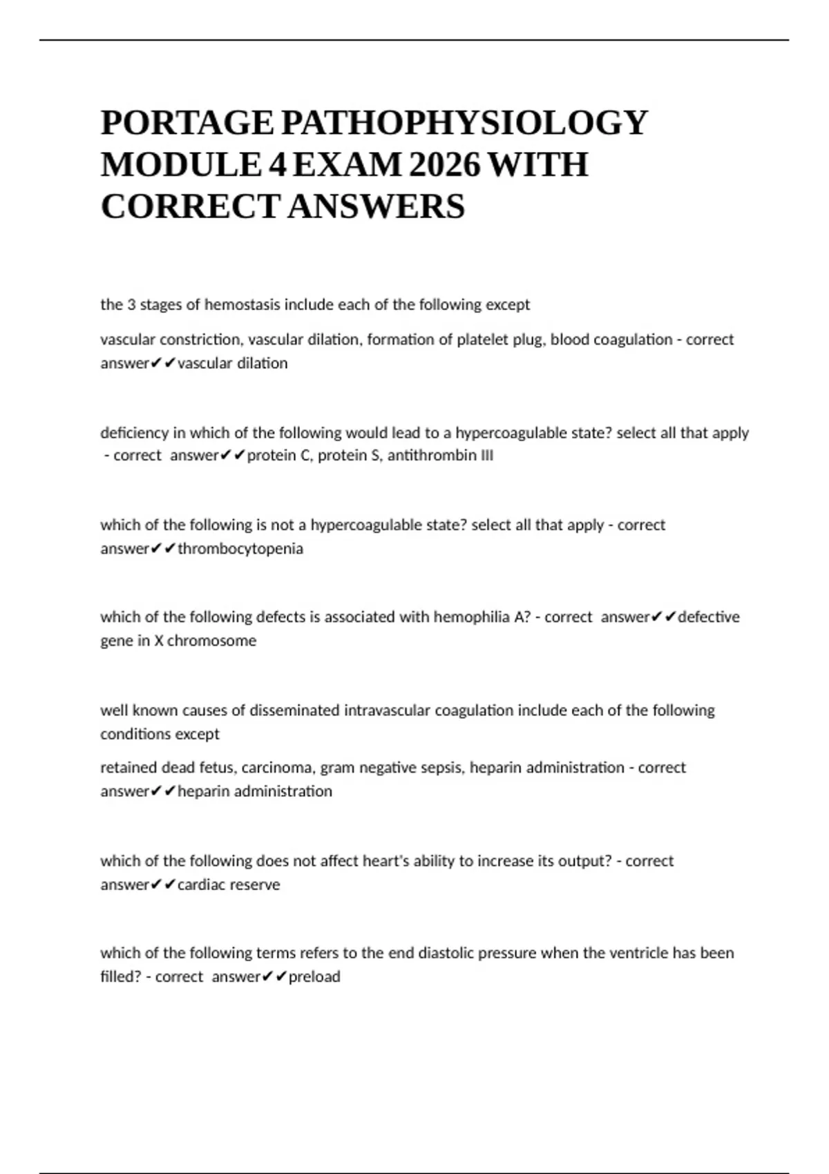 PORTAGE PATHOPHYSIOLOGY MODULE 4 EXAM 2026 WITH CORRECT ANSWERS ...