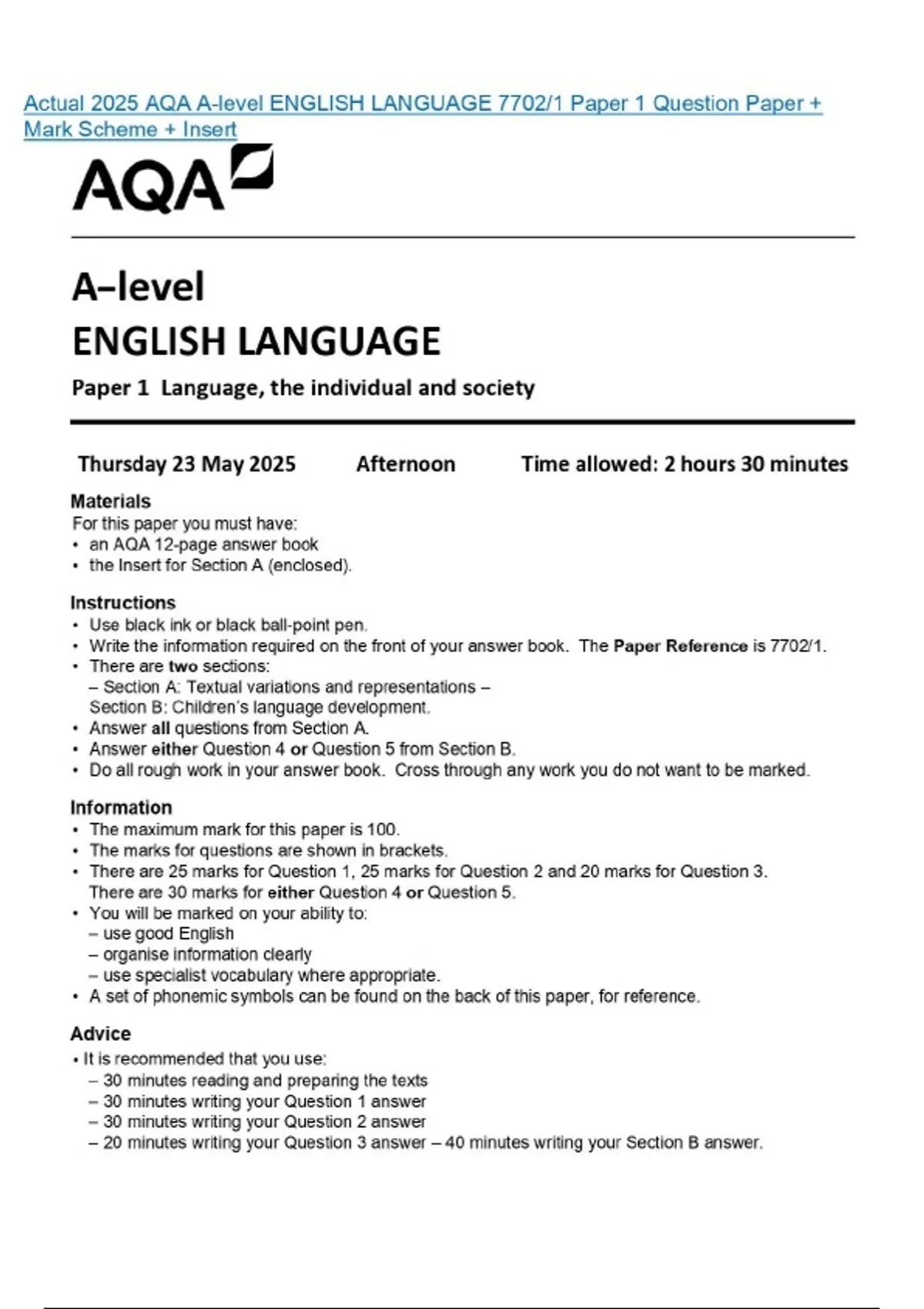 Actual 2025 AQA A-level ENGLISH LANGUAGE 7702/1 Paper 1 Question Paper ...