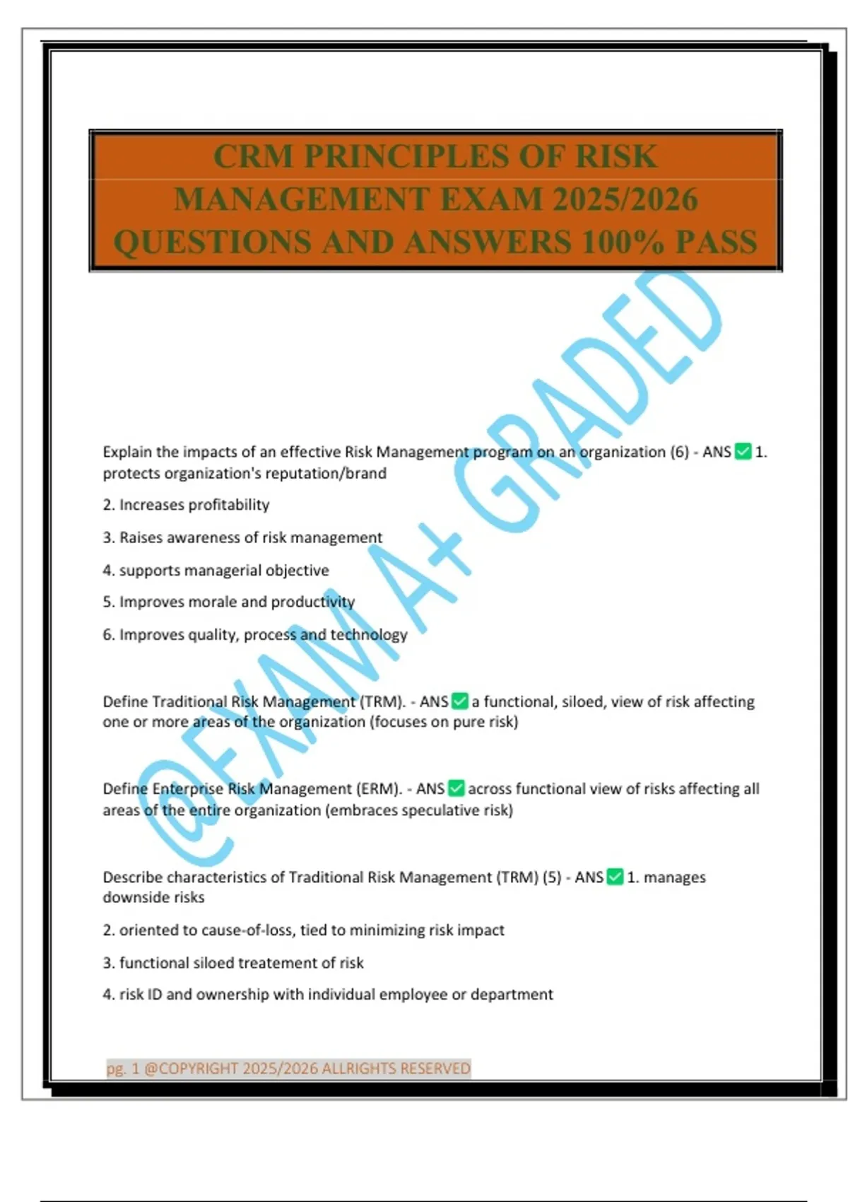 CRM PRINCIPLES OF RISK MANAGEMENT EXAM 2025/2026 QUESTIONS AND ANSWERS ...