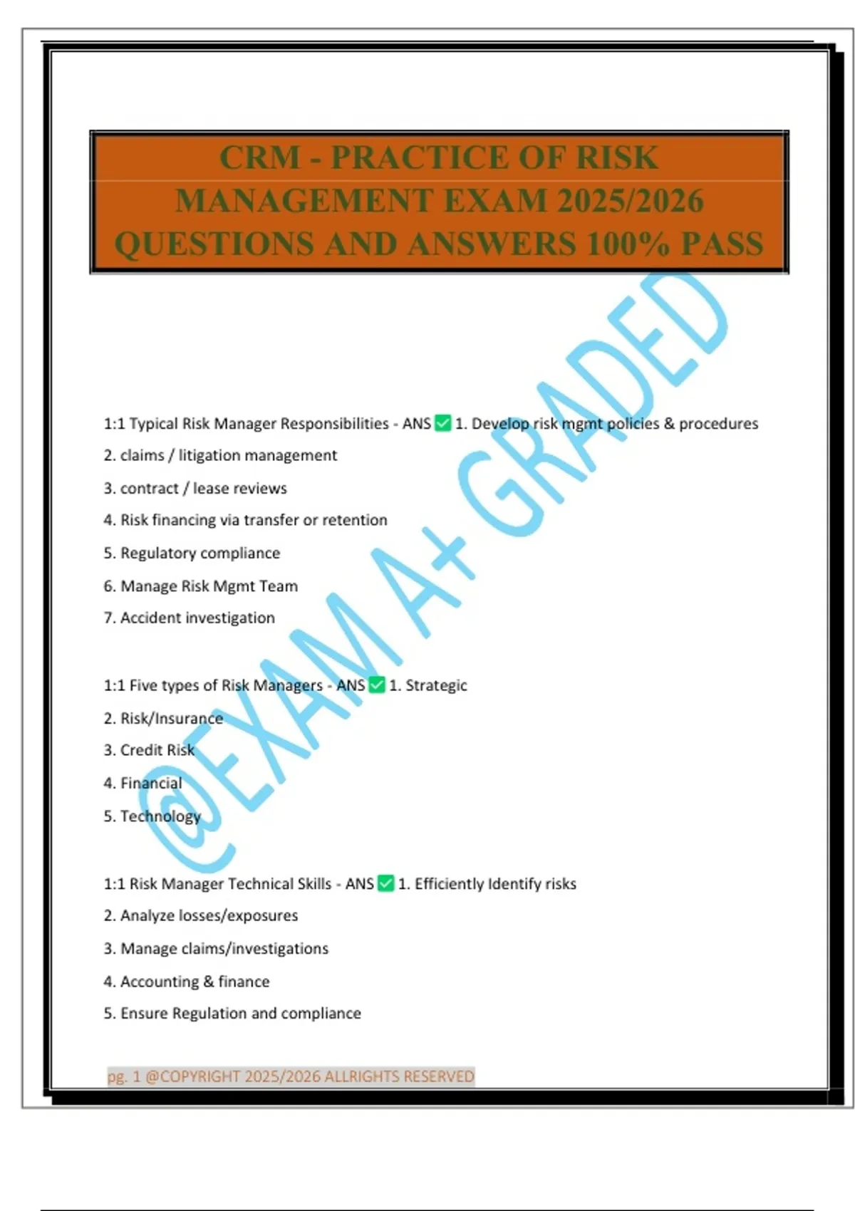 CRM - PRACTICE OF RISK MANAGEMENT EXAM 2025/2026 QUESTIONS AND ANSWERS ...