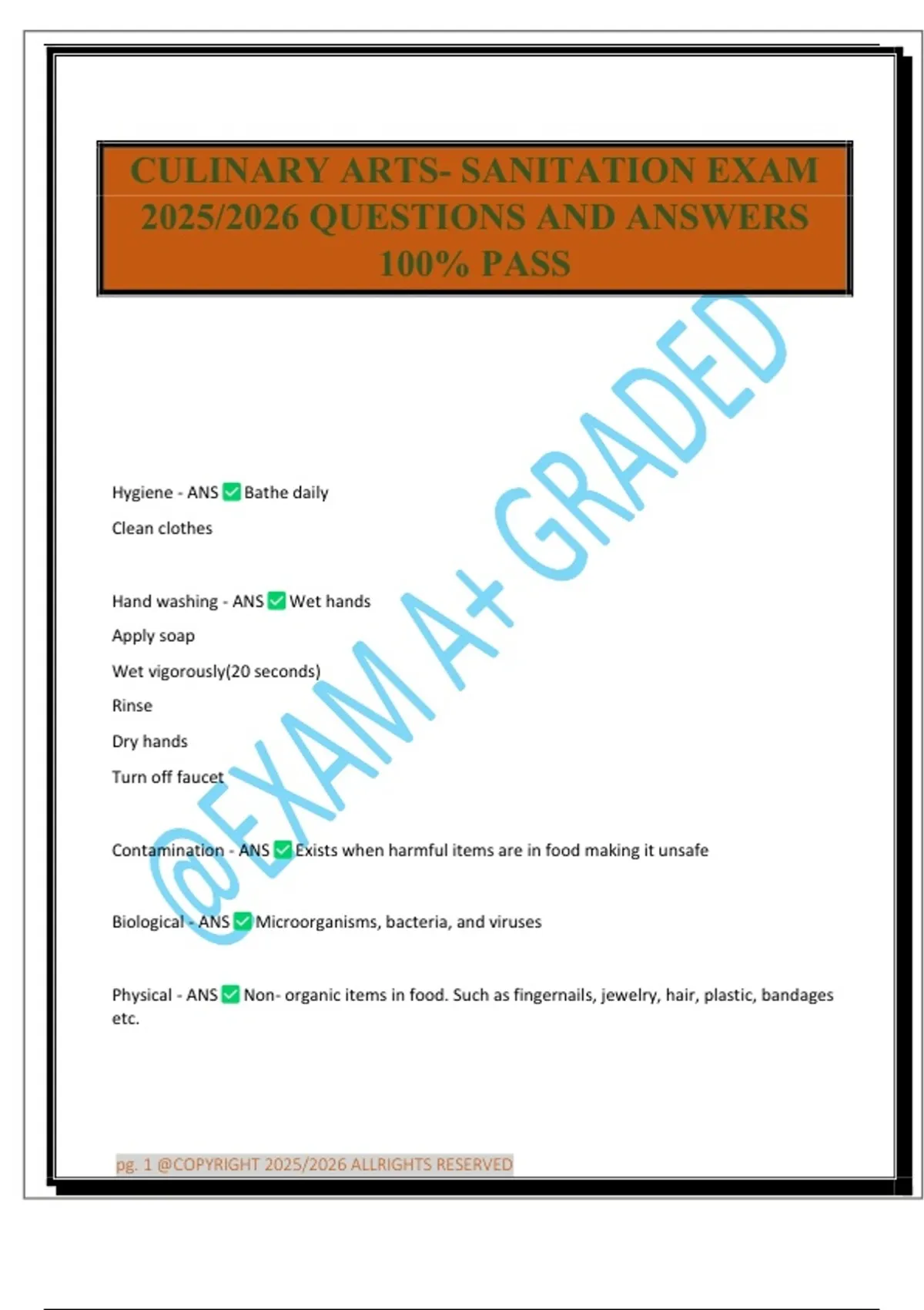 CULINARY ARTS- SANITATION EXAM 2025/2026 QUESTIONS AND ANSWERS 100% ...