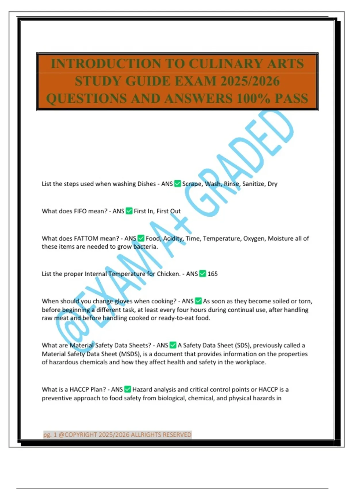 INTRODUCTION TO CULINARY ARTS STUDY GUIDE EXAM 2025/2026 QUESTIONS AND ...