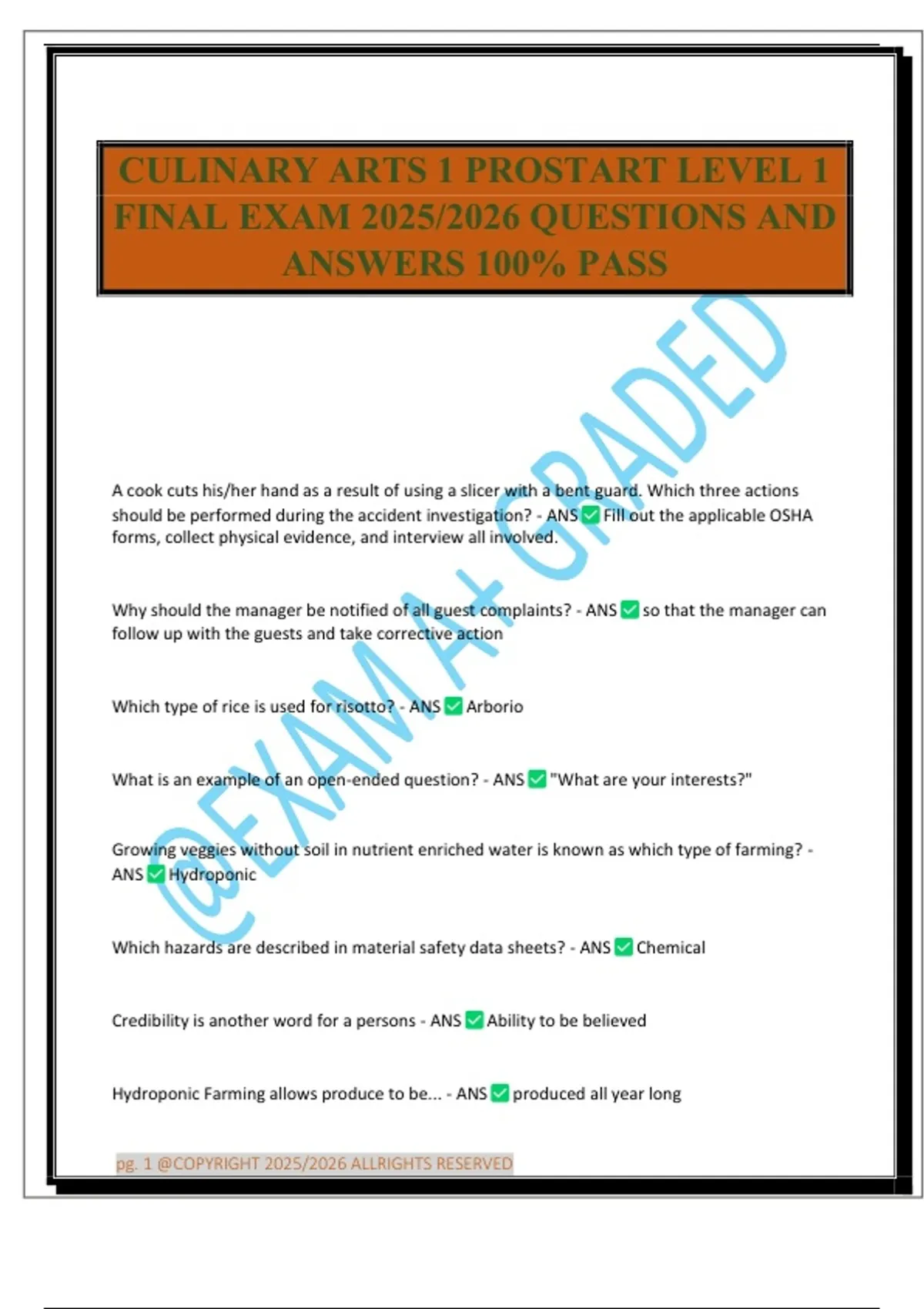 CULINARY ARTS 1 PROSTART LEVEL 1 FINAL EXAM 2025/2026 QUESTIONS AND ...