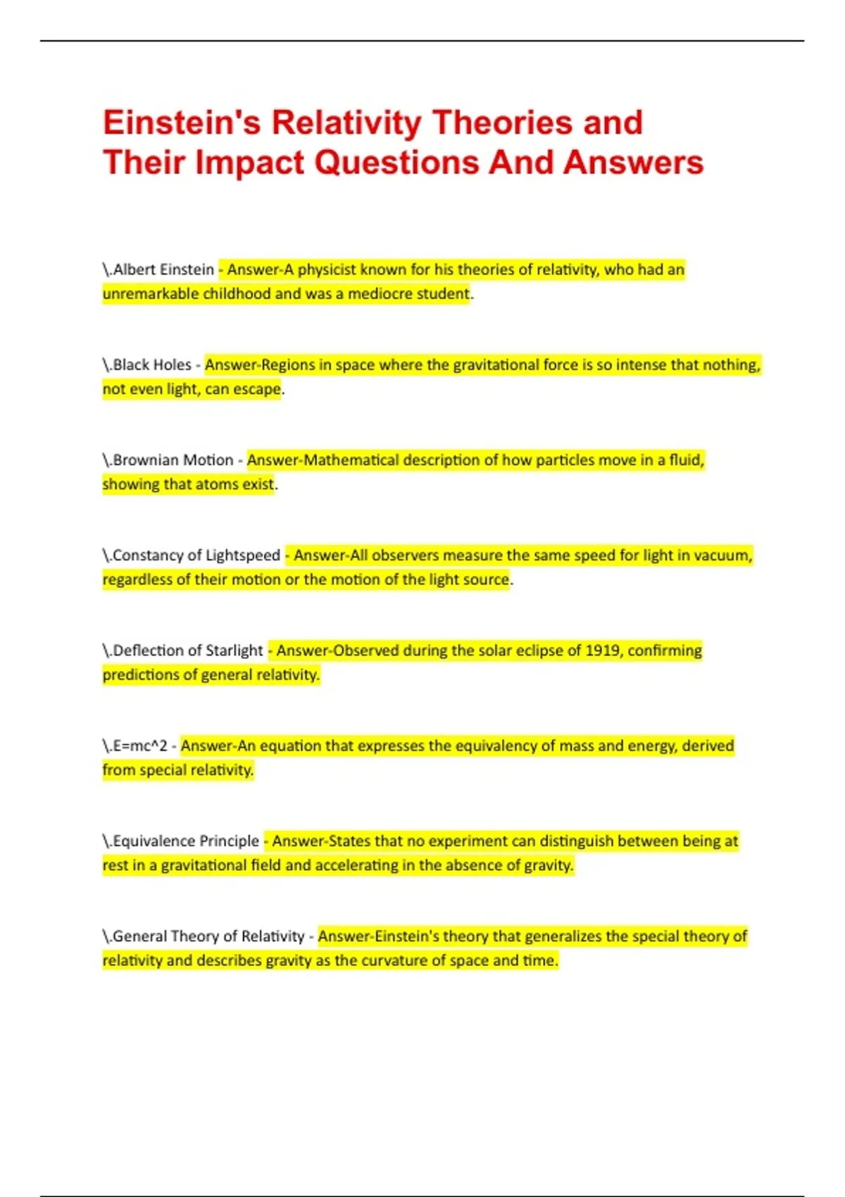 Einstein's Relativity Theories and Their Impact Questions And Answers - Einstein\\\'s Relativity ...