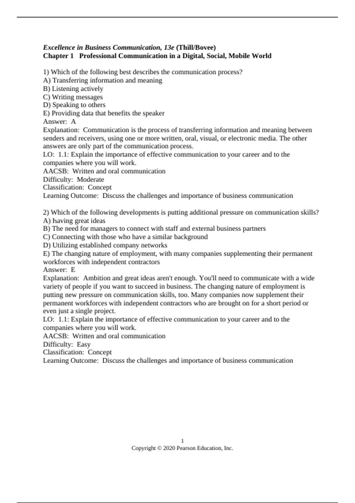 test bank, practice questions: Excellence in Business Communication ...