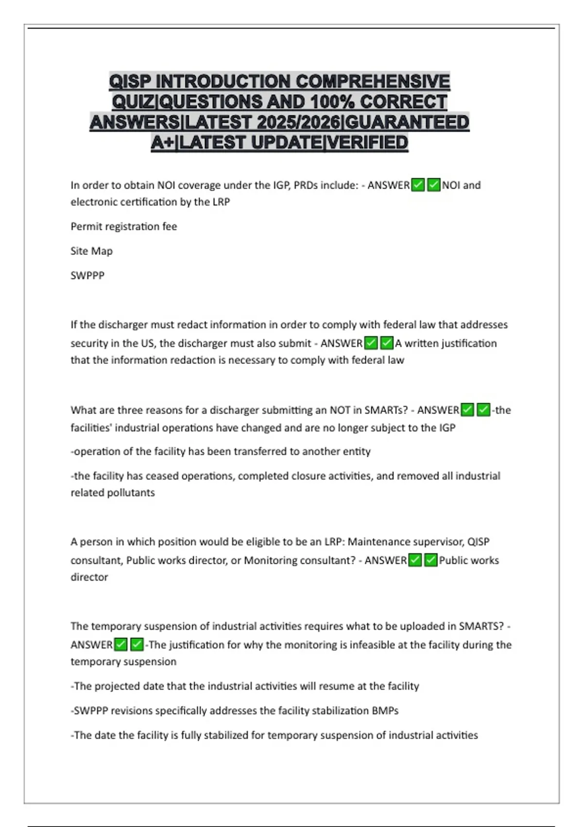 QISP INTRODUCTION COMPREHENSIVE QUIZ|QUESTIONS AND 100% CORRECT ANSWERS ...