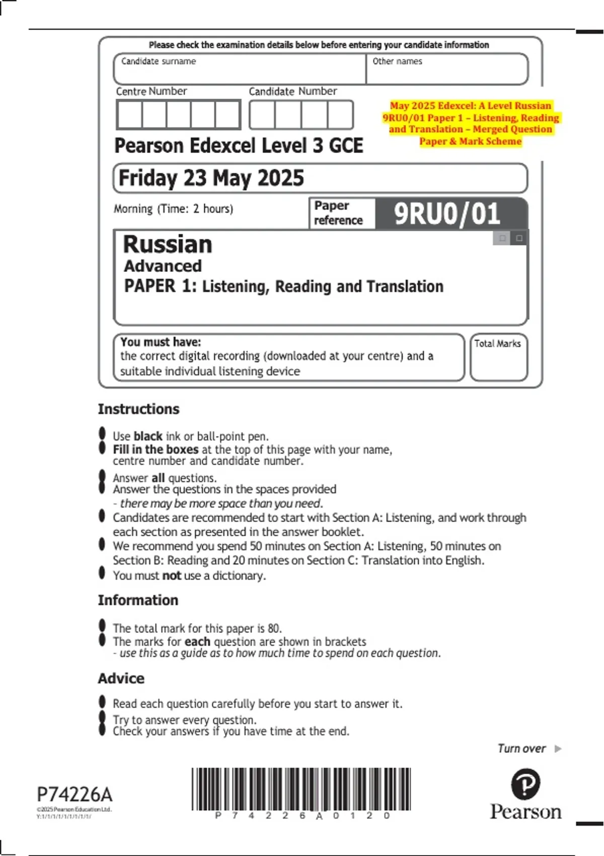 May 2025 Edexcel: A Level Russian 9RU0/01 Paper 1 – Listening, Reading ...
