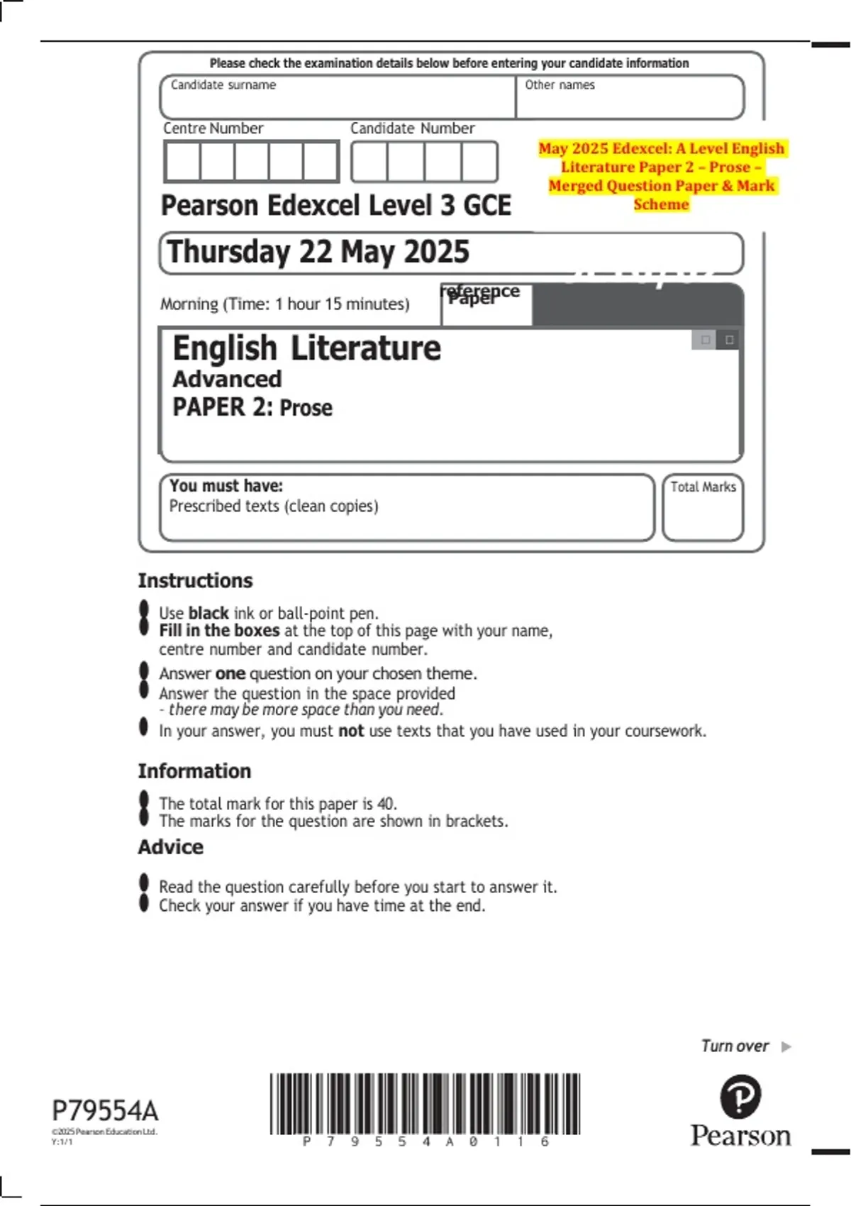 May 2025 Edexcel: A Level English Literature Paper 2 – Prose – Merged ...