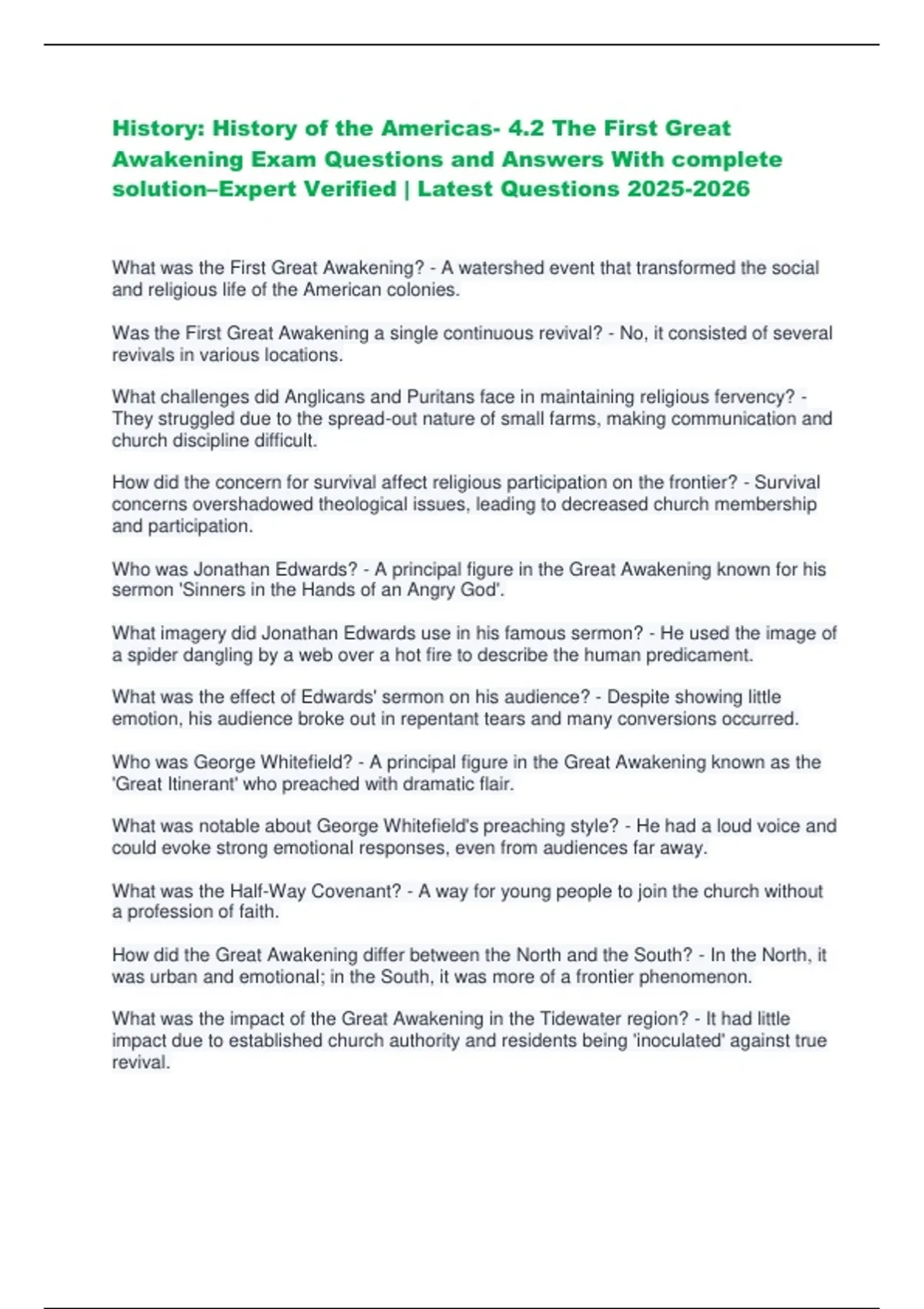 History: History of the Americas- 4.2 The First Great Awakening Exam ...