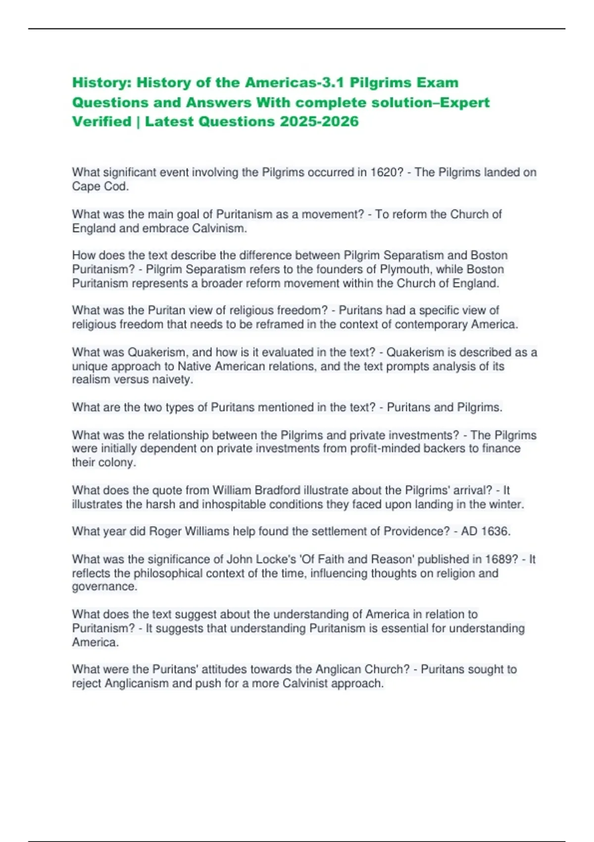 History: History of the Americas-3.1 Pilgrims Exam Questions and ...