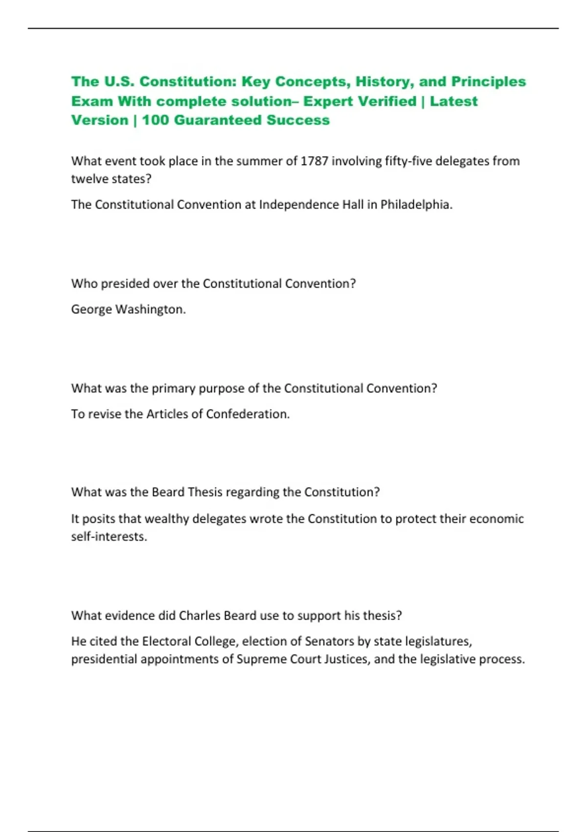 The U.S. Constitution: Key Concepts, History, and Principles Exam With ...