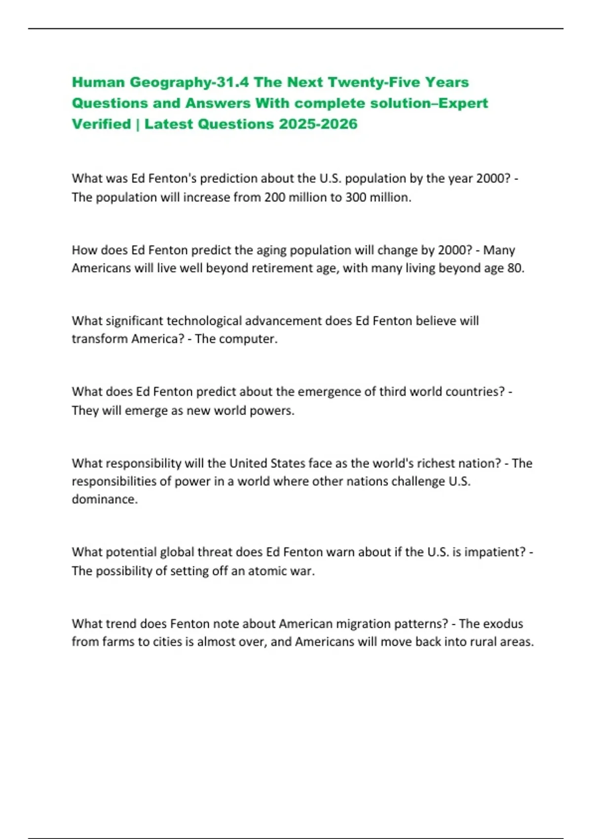 Human Geography-31.4 The Next Twenty-Five Years Questions and Answers ...