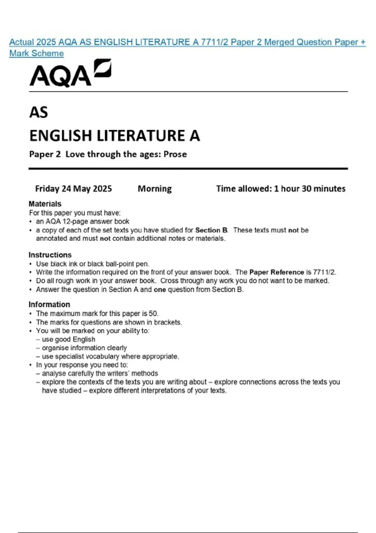 Actual 2025 AQA AS ENGLISH LITERATURE A 7711/2 Paper 2 Merged Question ...