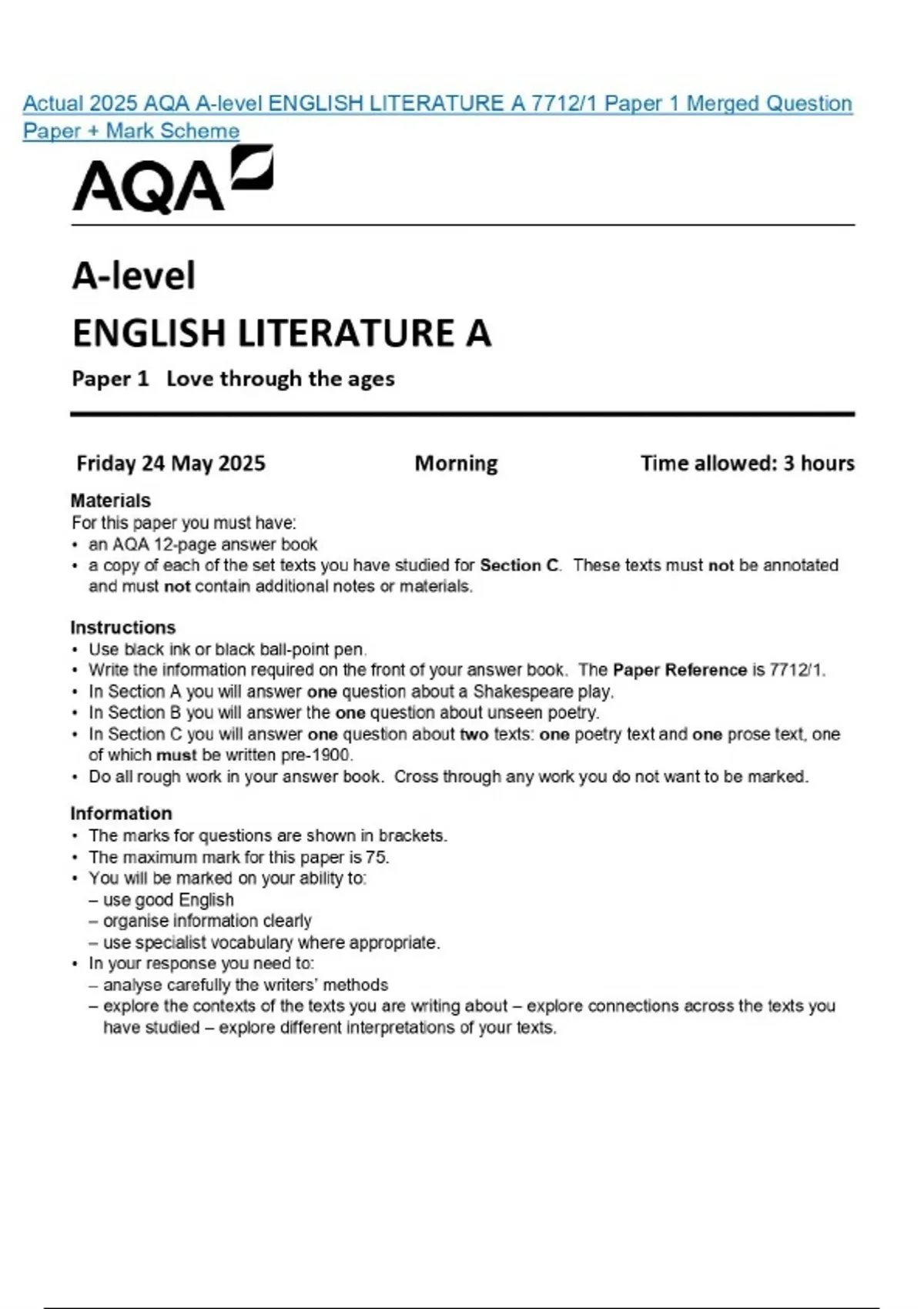 Actual 2025 AQA A-level ENGLISH LITERATURE A 7712/1 Paper 1 Merged ...