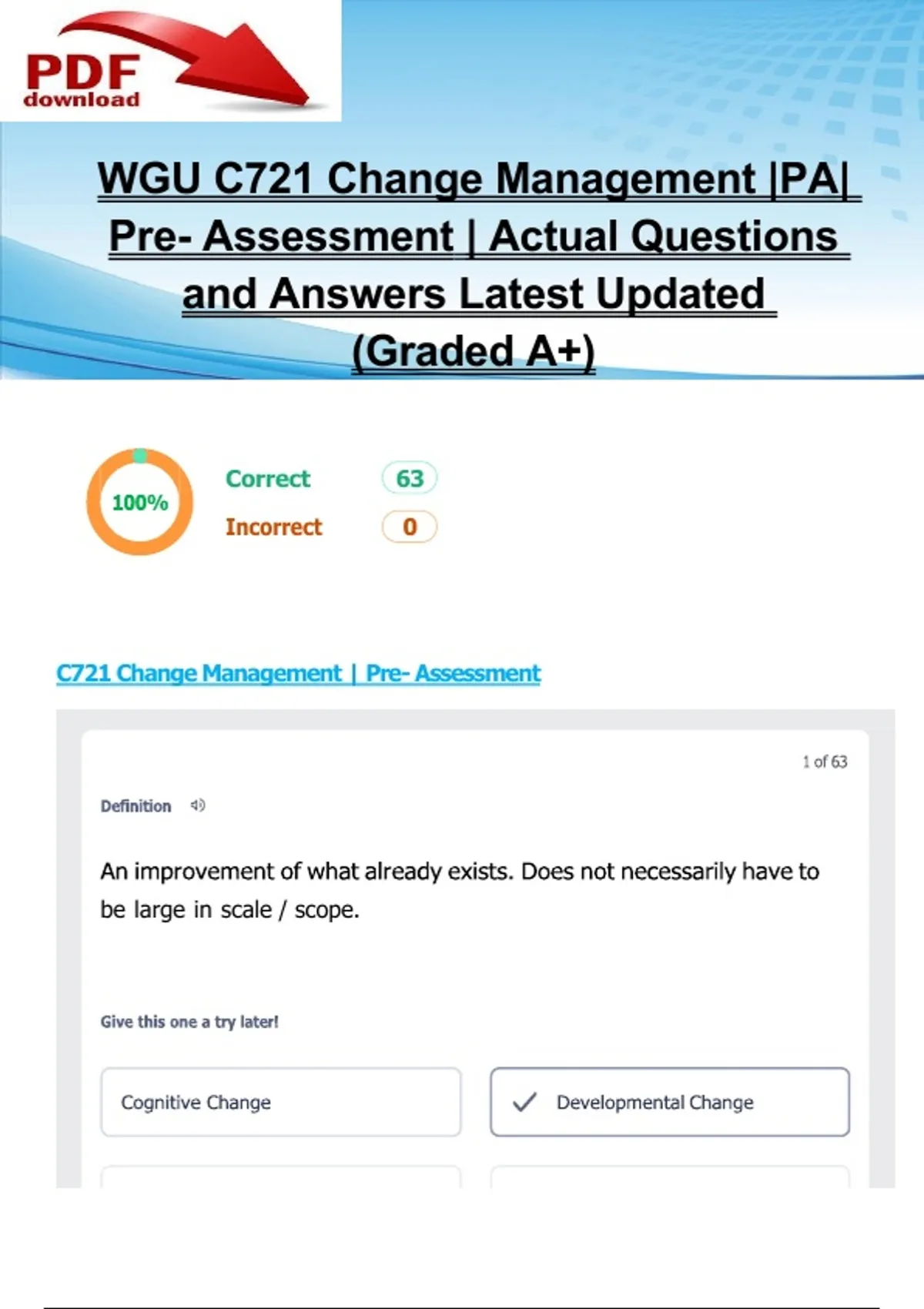 WGU C721 Change Management |PA| Pre- Assessment | 63 Actual Questions ...