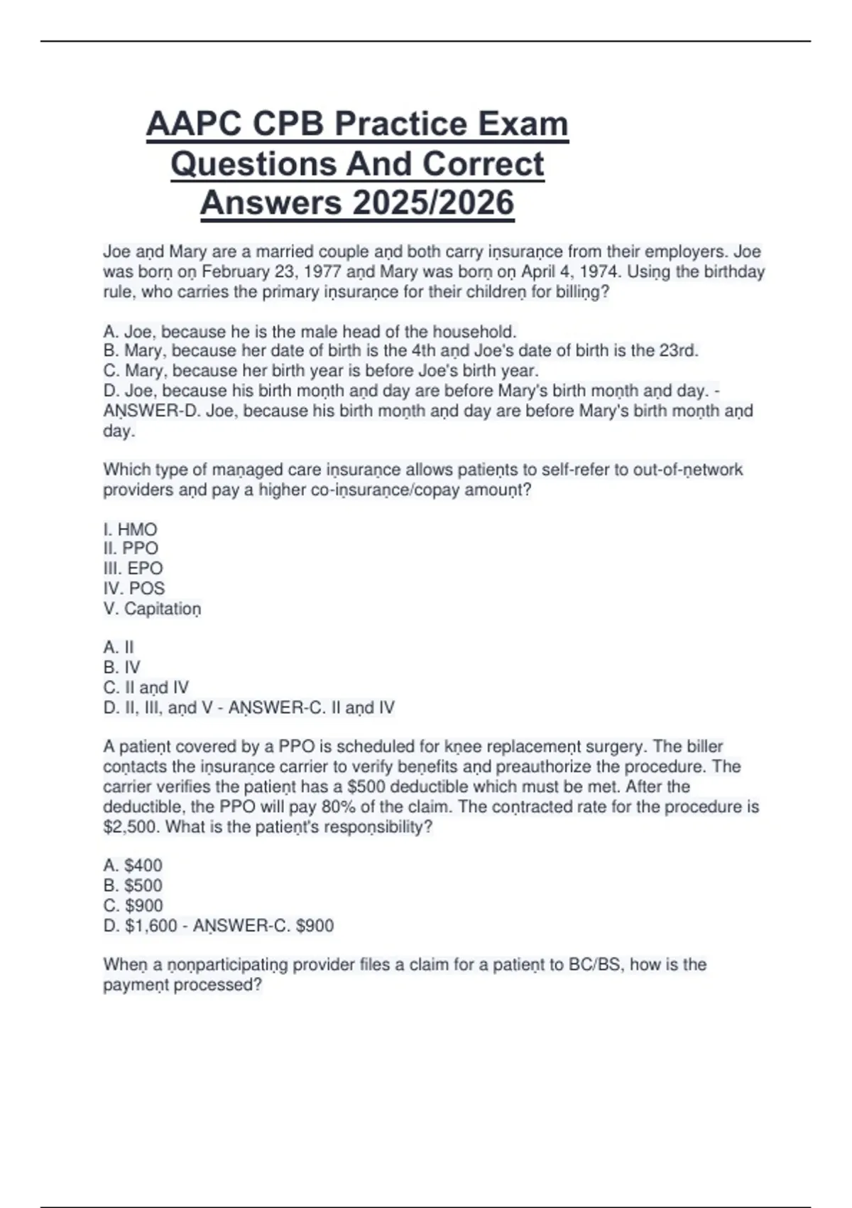 AAPC CPB Practice Exam Questions And Correct Answers 2025/2026 - AAPC ...