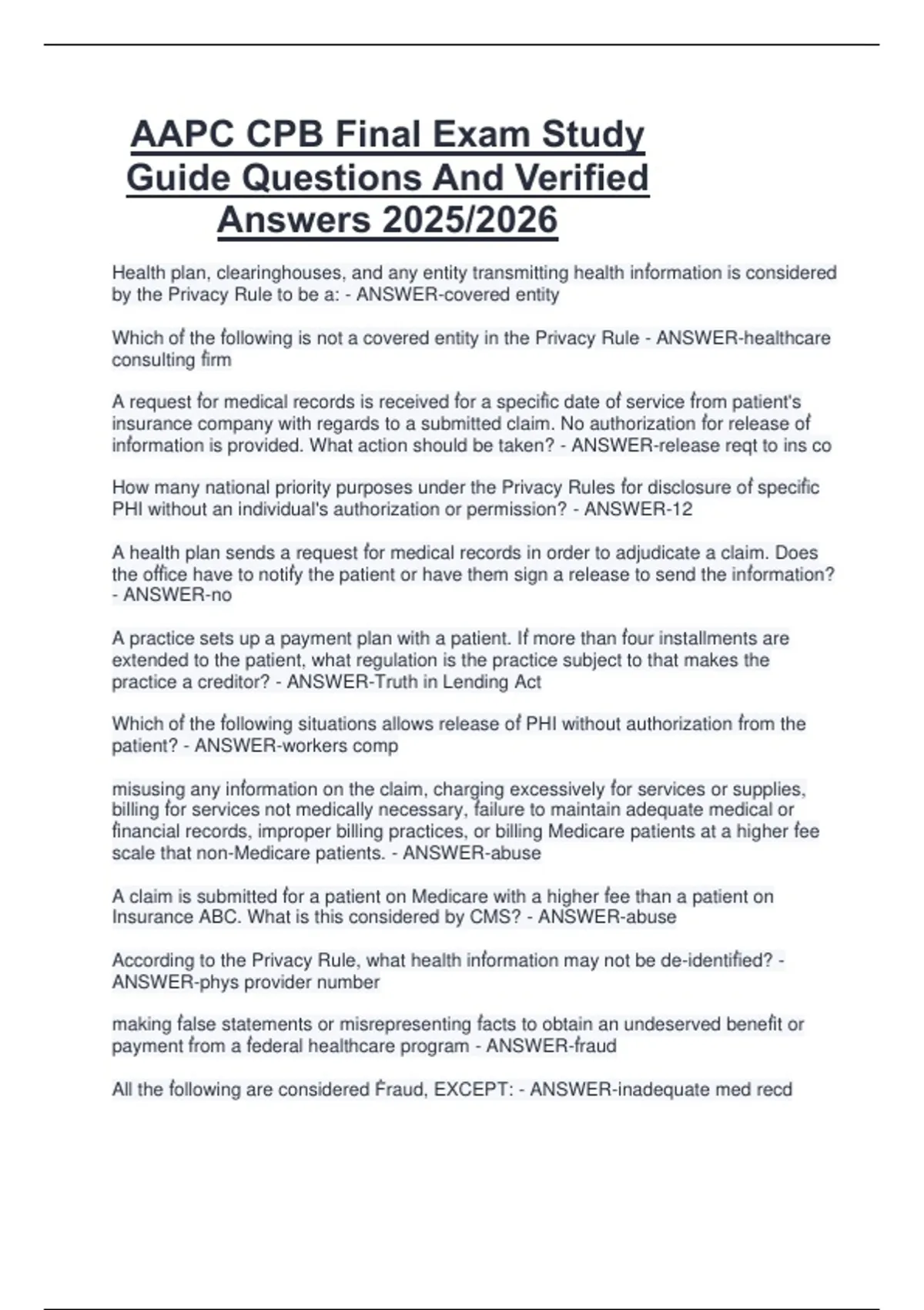 AAPC CPB Final Exam Study Guide Questions And Verified Answers 2025/ ...