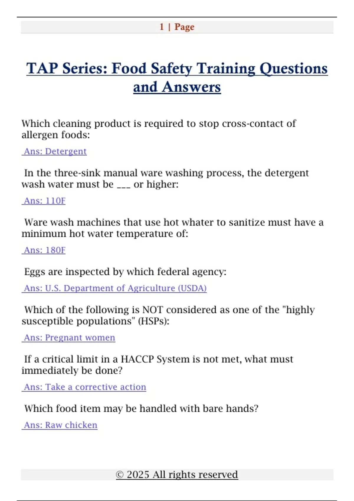TAP Series: Food Safety Training Questions and Answers - Tap series ...