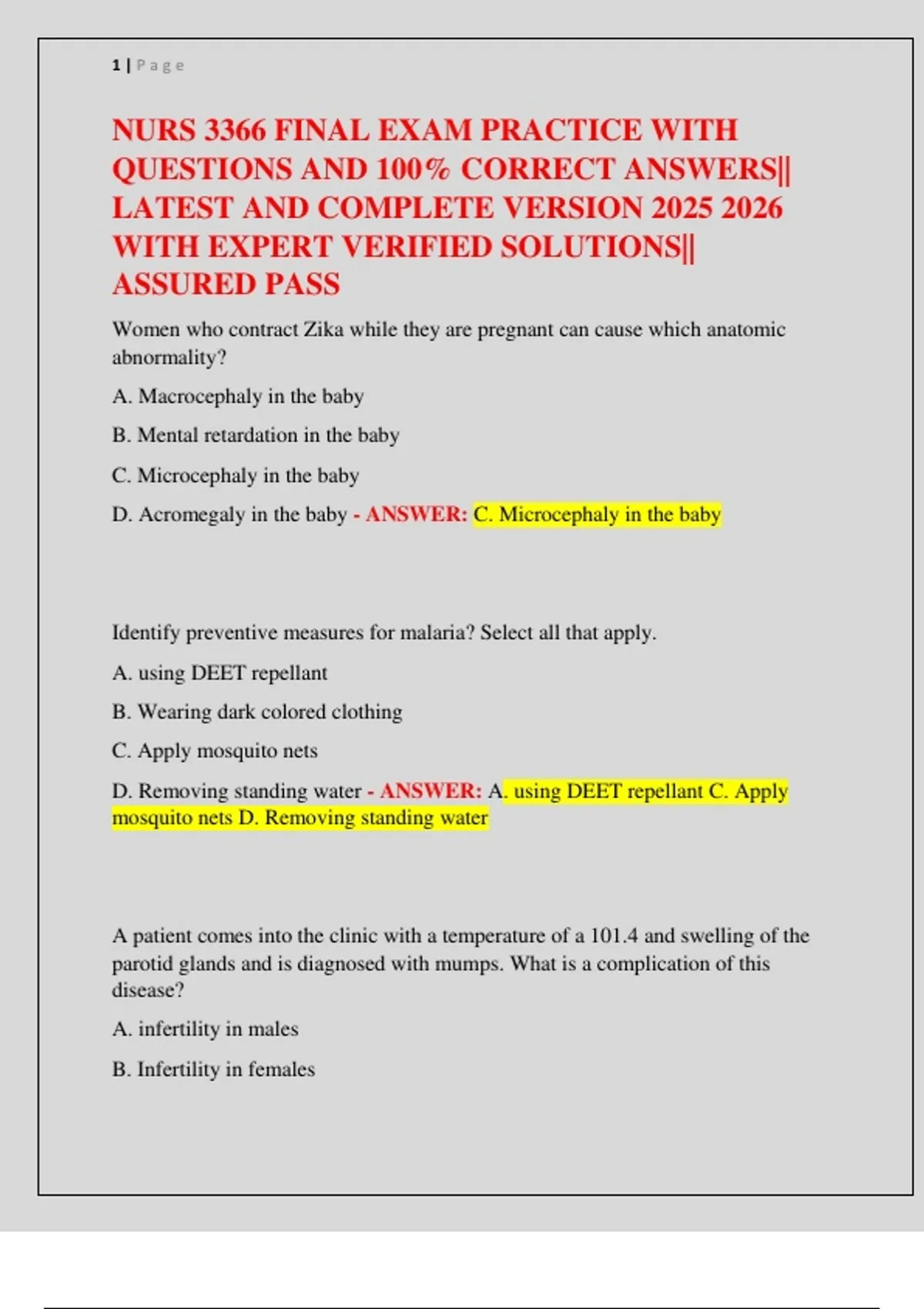 NURS 3366 FINAL EXAMS PACKAGE PRACTICE WITH QUESTIONS AND 100% CORRECT ...