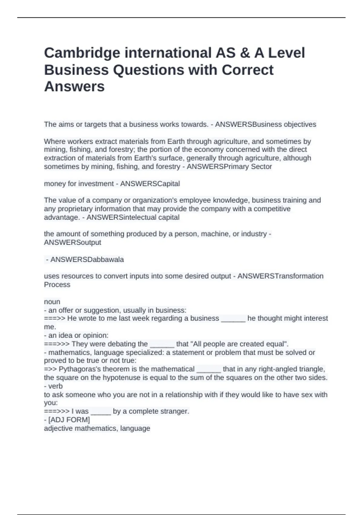 Cambridge international AS & A Level Business Questions with Correct ...