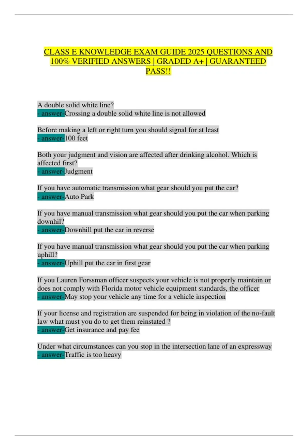 Florida Class E Driver's License Knowledge Exam 2025: Study Guide ...