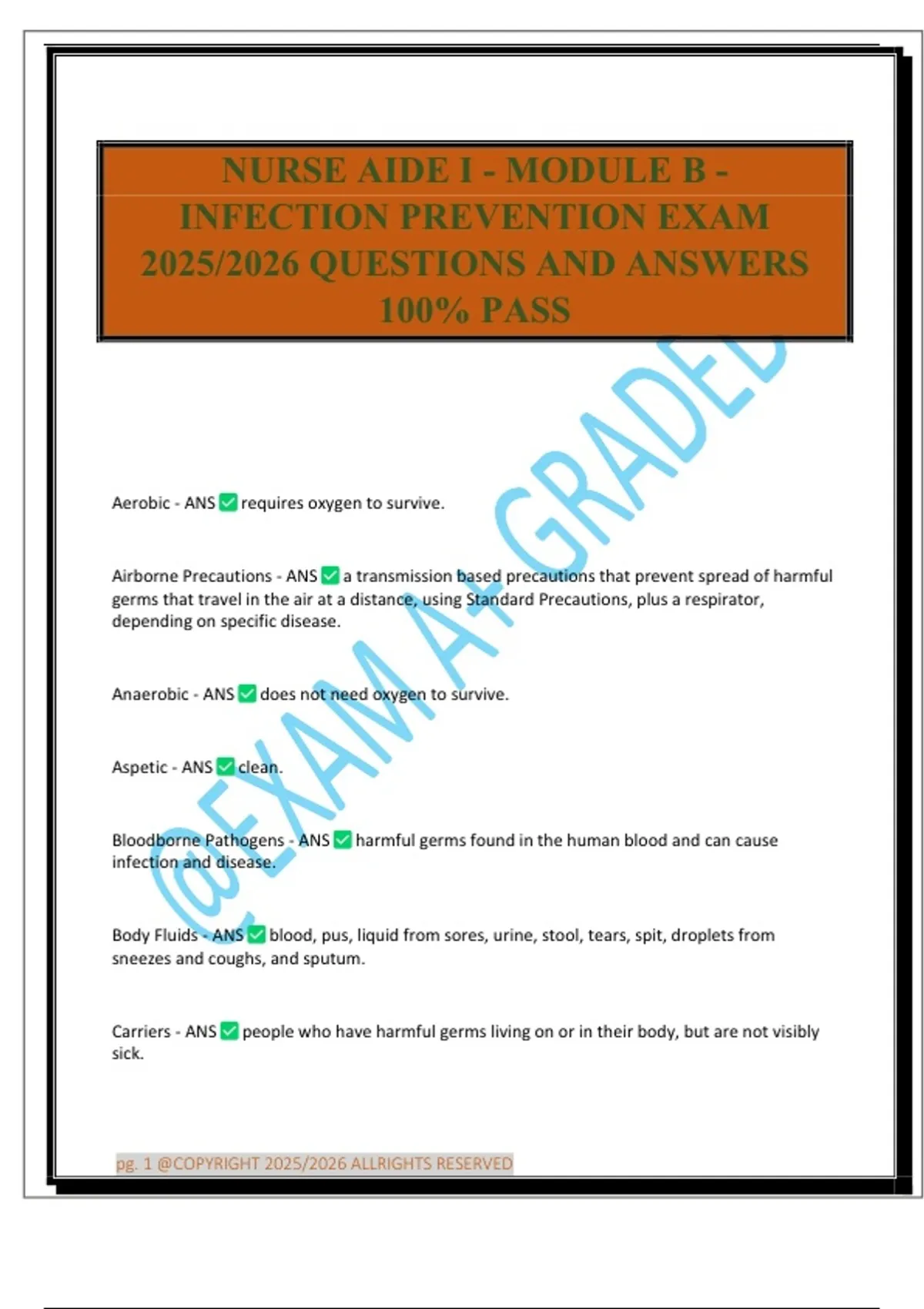 NURSE AIDE I - MODULE B - INFECTION PREVENTION EXAM 2025/2026 QUESTIONS ...