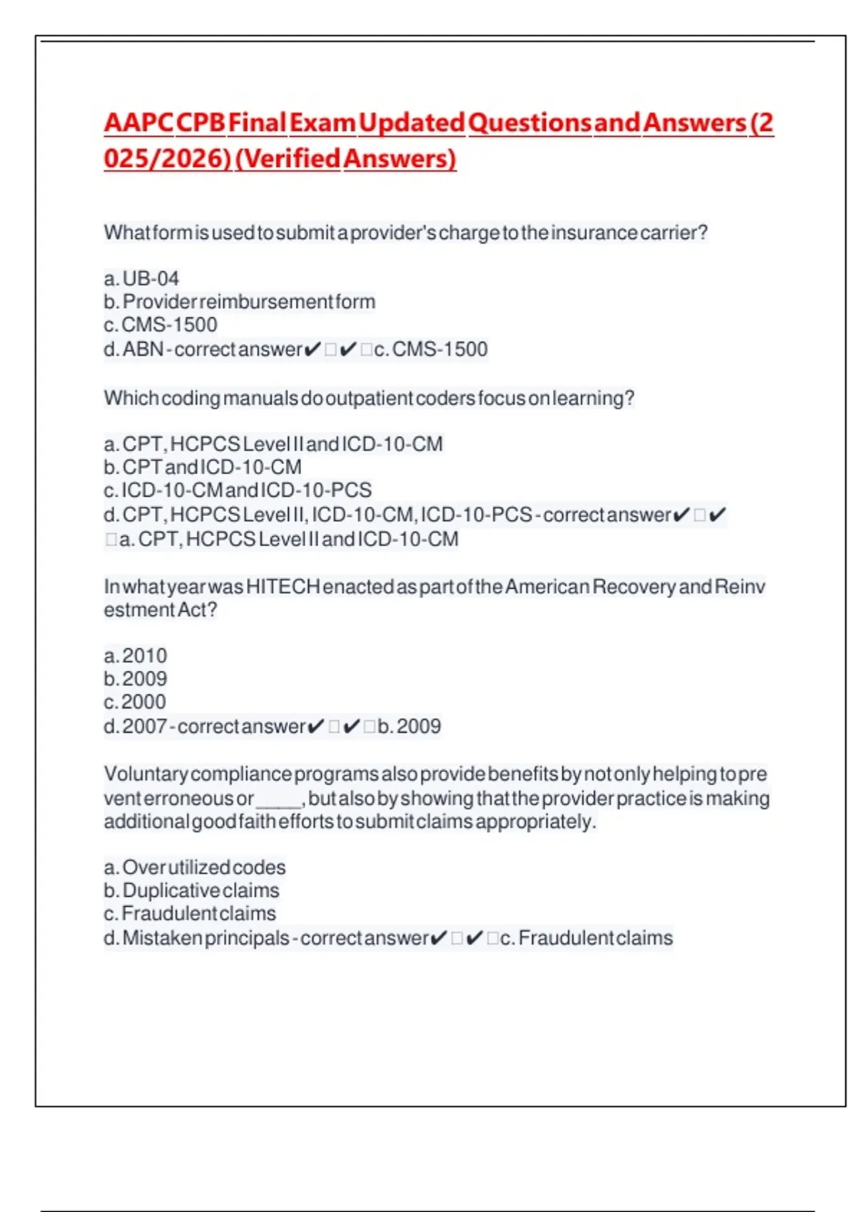 AAPC CPB Final Exam Updated Questions and Answers (2025 /2026 ...