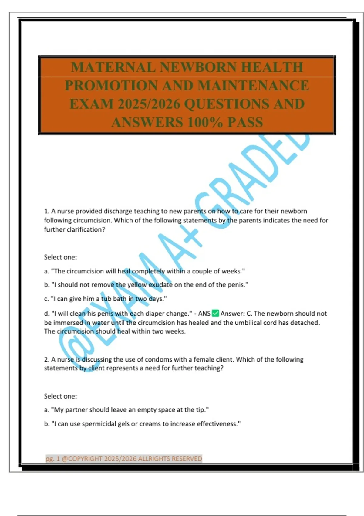 MATERNAL NEWBORN HEALTH PROMOTION AND MAINTENANCE EXAM 2025/2026 ...