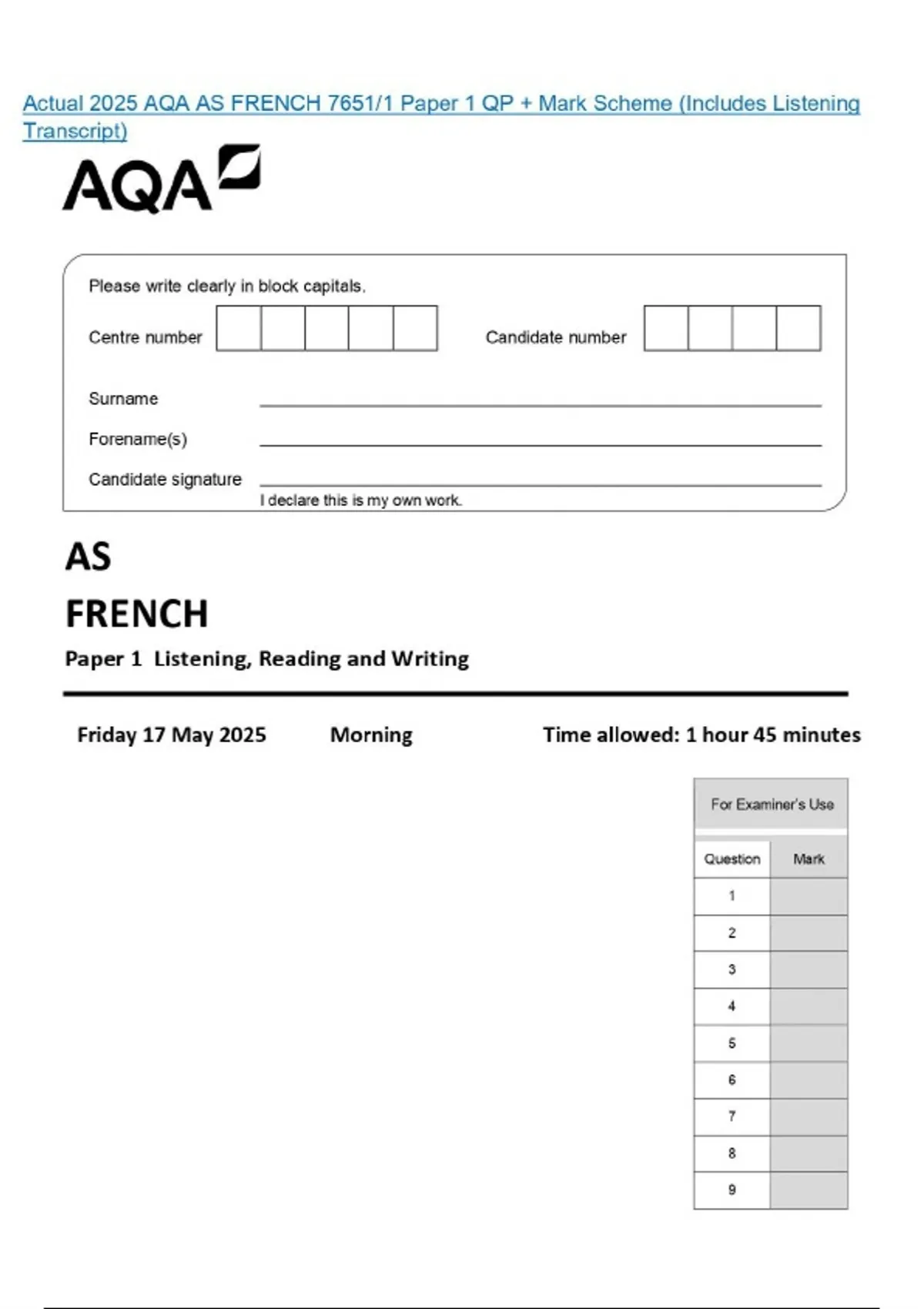 Actual 2025 AQA AS FRENCH 7651/1 Paper 1 QP + Mark Scheme (Includes ...