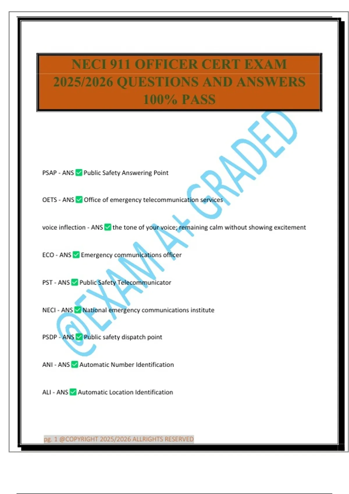 NECI 911 OFFICER CERT EXAM 2025/2026 QUESTIONS AND ANSWERS 100% PASS ...