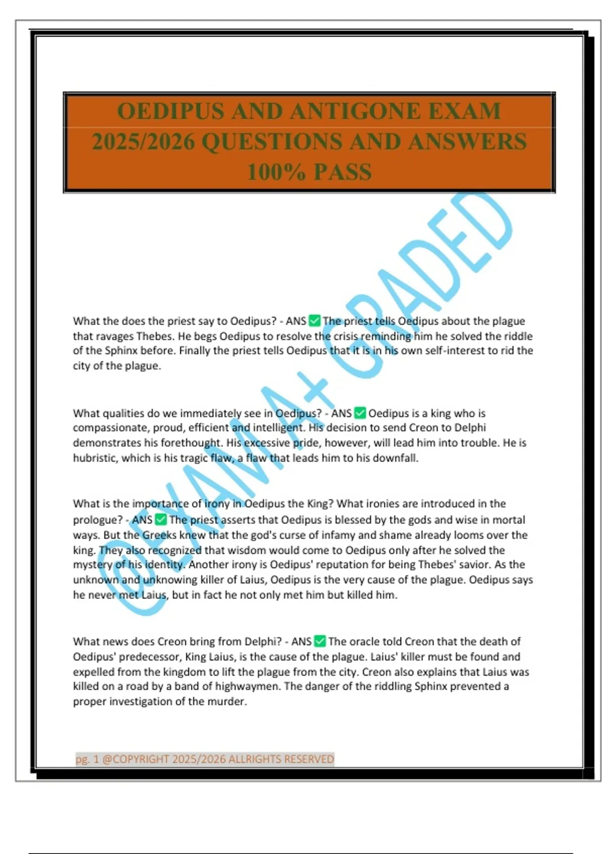 OEDIPUS AND ANTIGONE EXAM 2025/2026 QUESTIONS AND ANSWERS 100% PASS ...