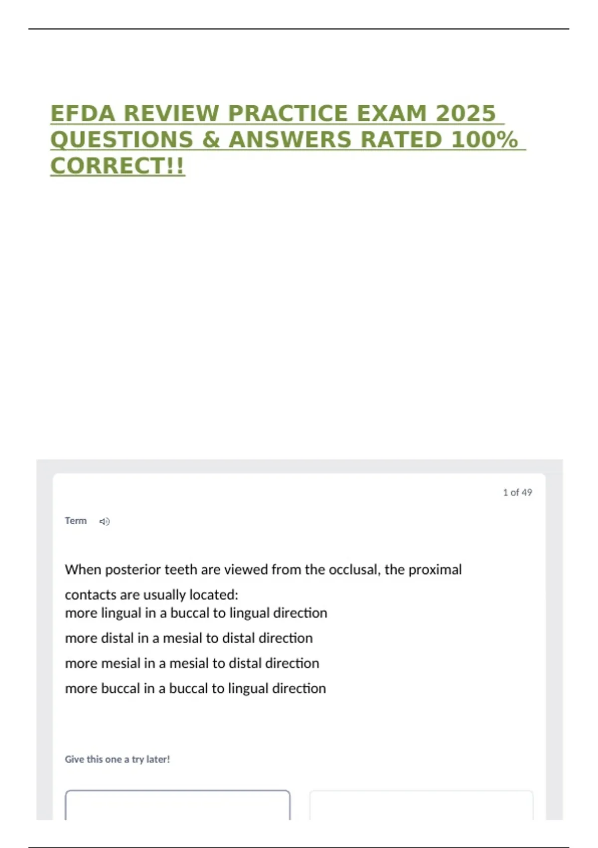 EFDA REVIEW PRACTICE EXAM 2025 QUESTIONS & ANSWERS RATED 100% CORRECT ...