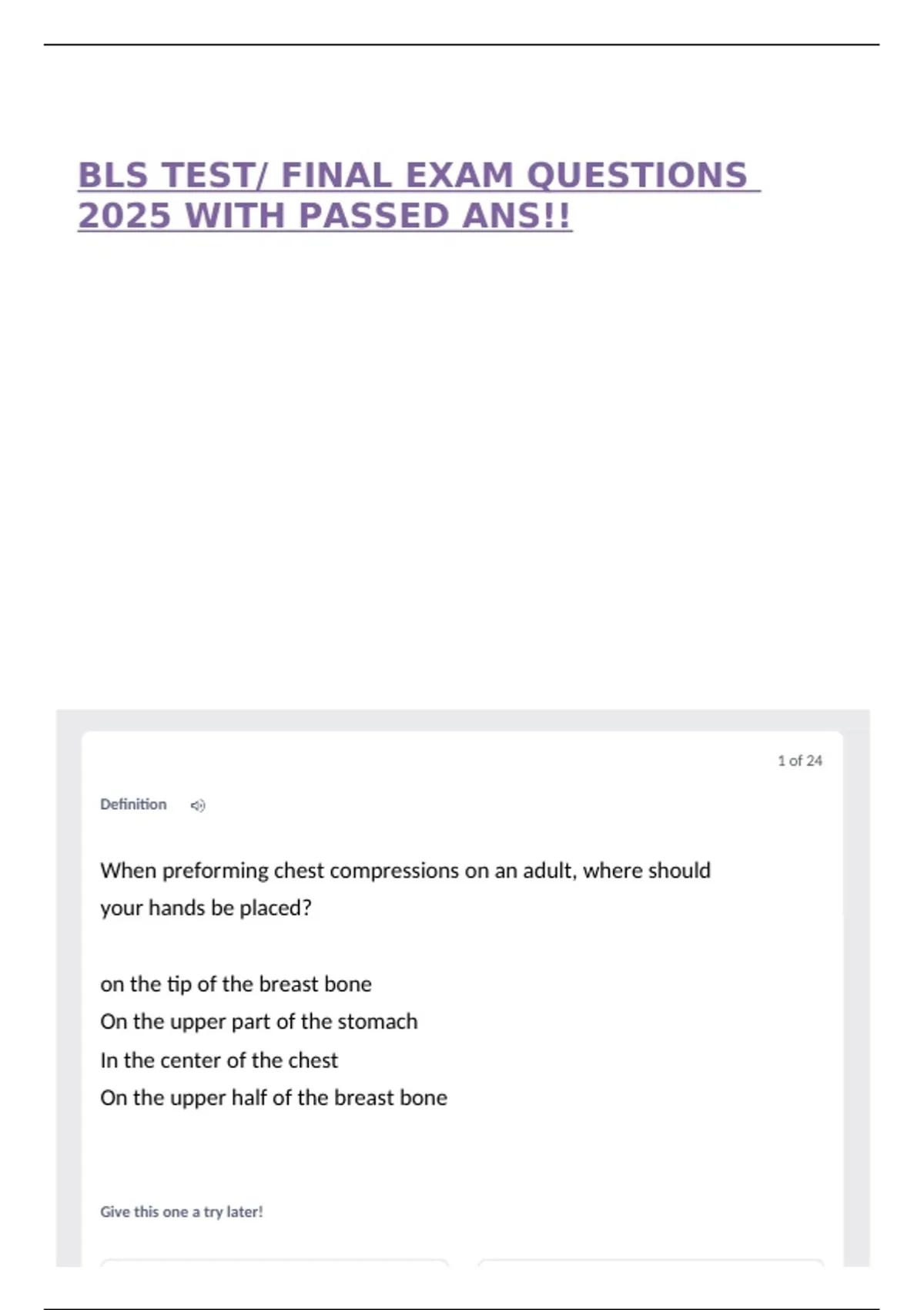 BLS TEST/ FINAL EXAM QUESTIONS 2025 WITH PASSED ANS!! - Bls - Stuvia US