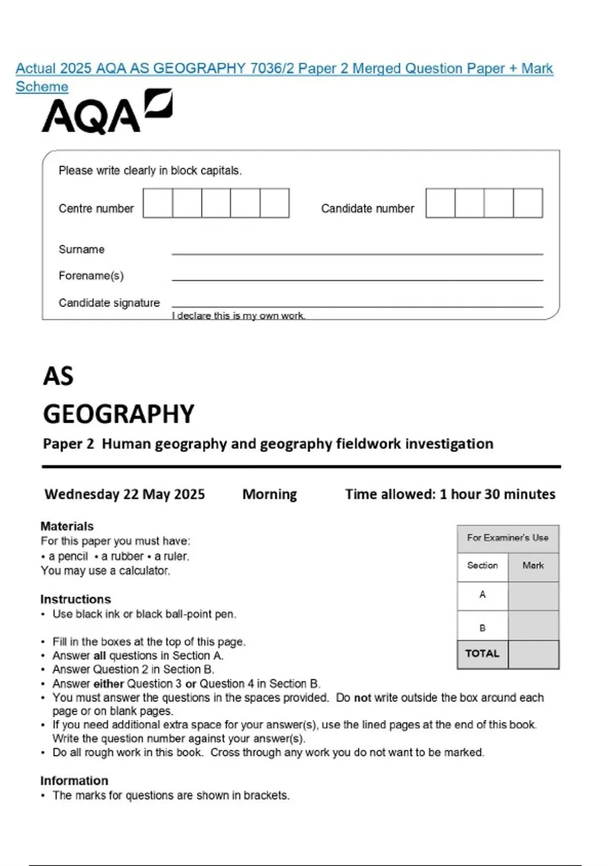 Actual 2025 AQA AS GEOGRAPHY 7036/2 Paper 2 Merged Question Paper ...
