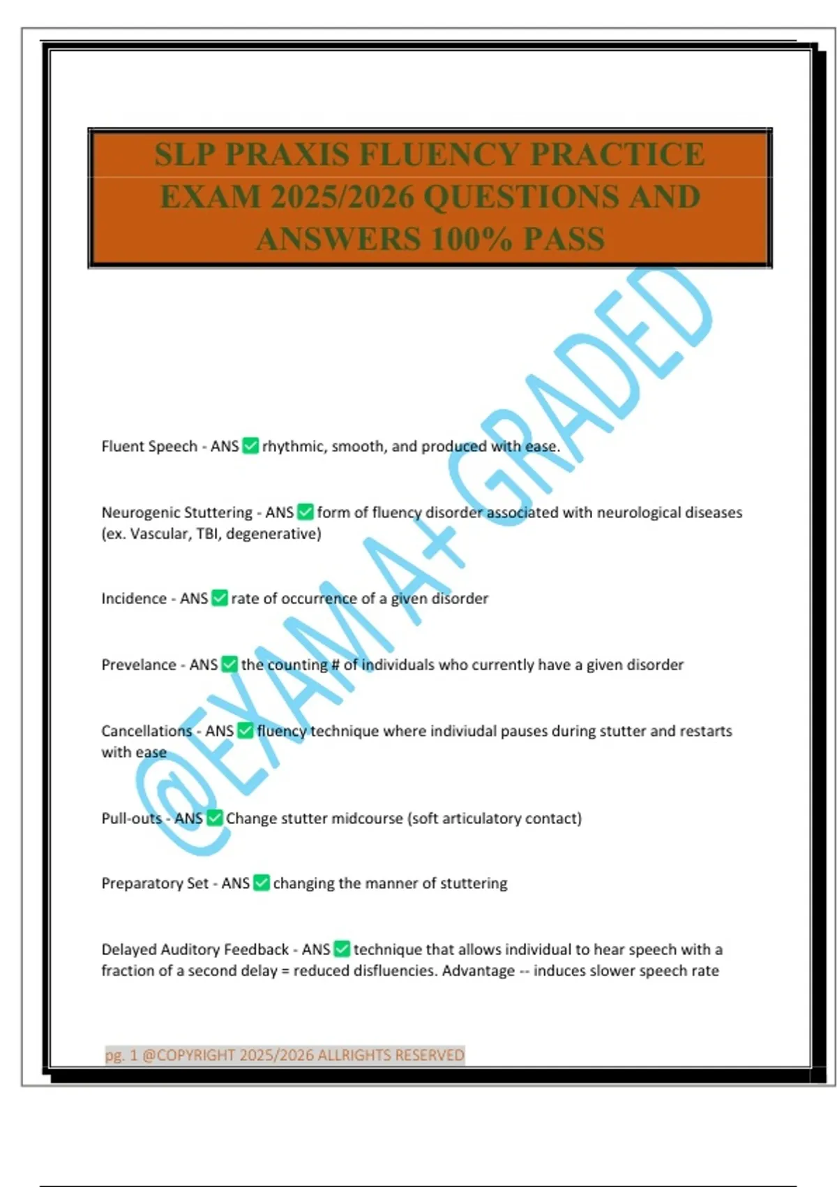 SLP PRAXIS FLUENCY PRACTICE EXAM 2025/2026 QUESTIONS AND ANSWERS 100% ...